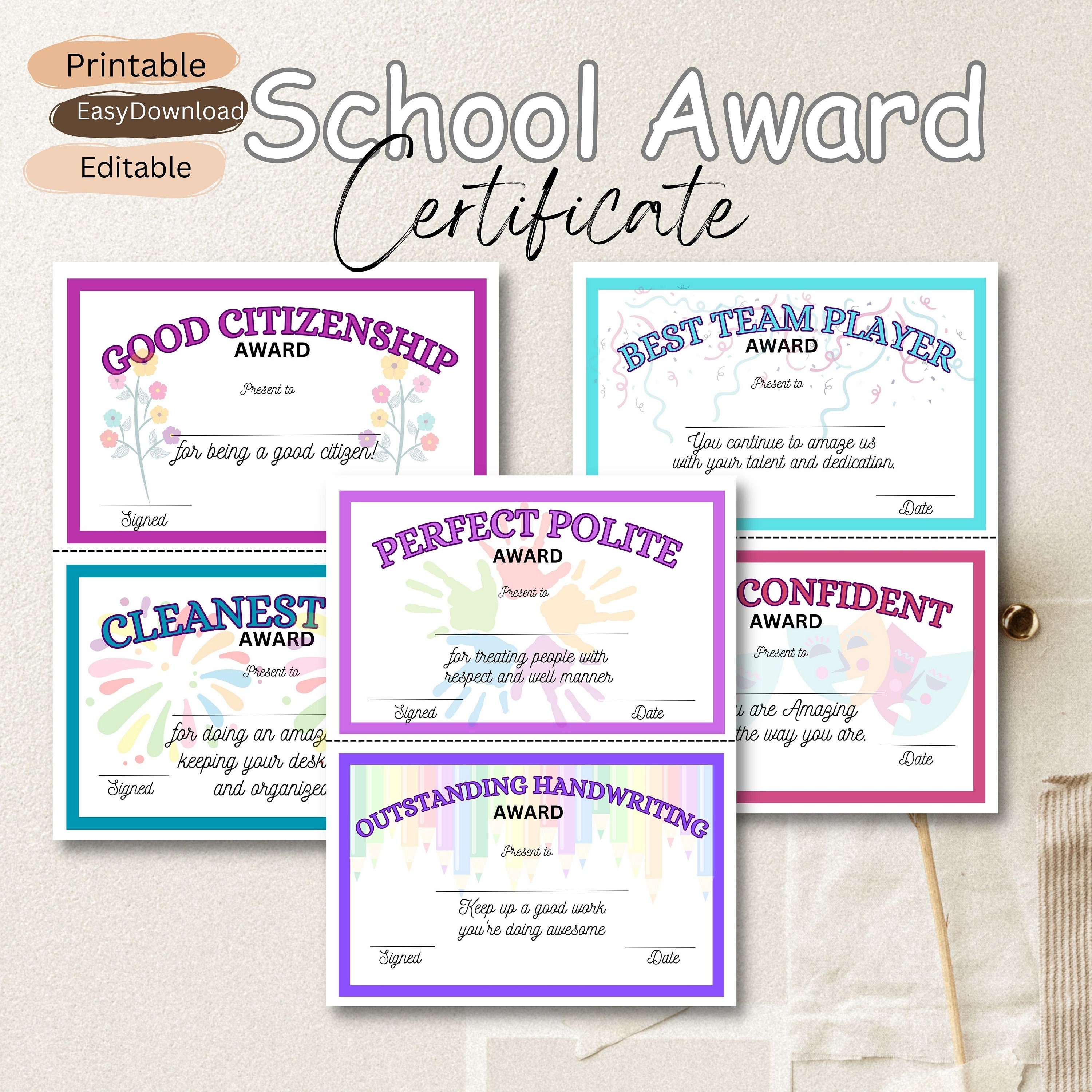 10 Award Editable Kids Year School Certificate. Editable and Printable ...