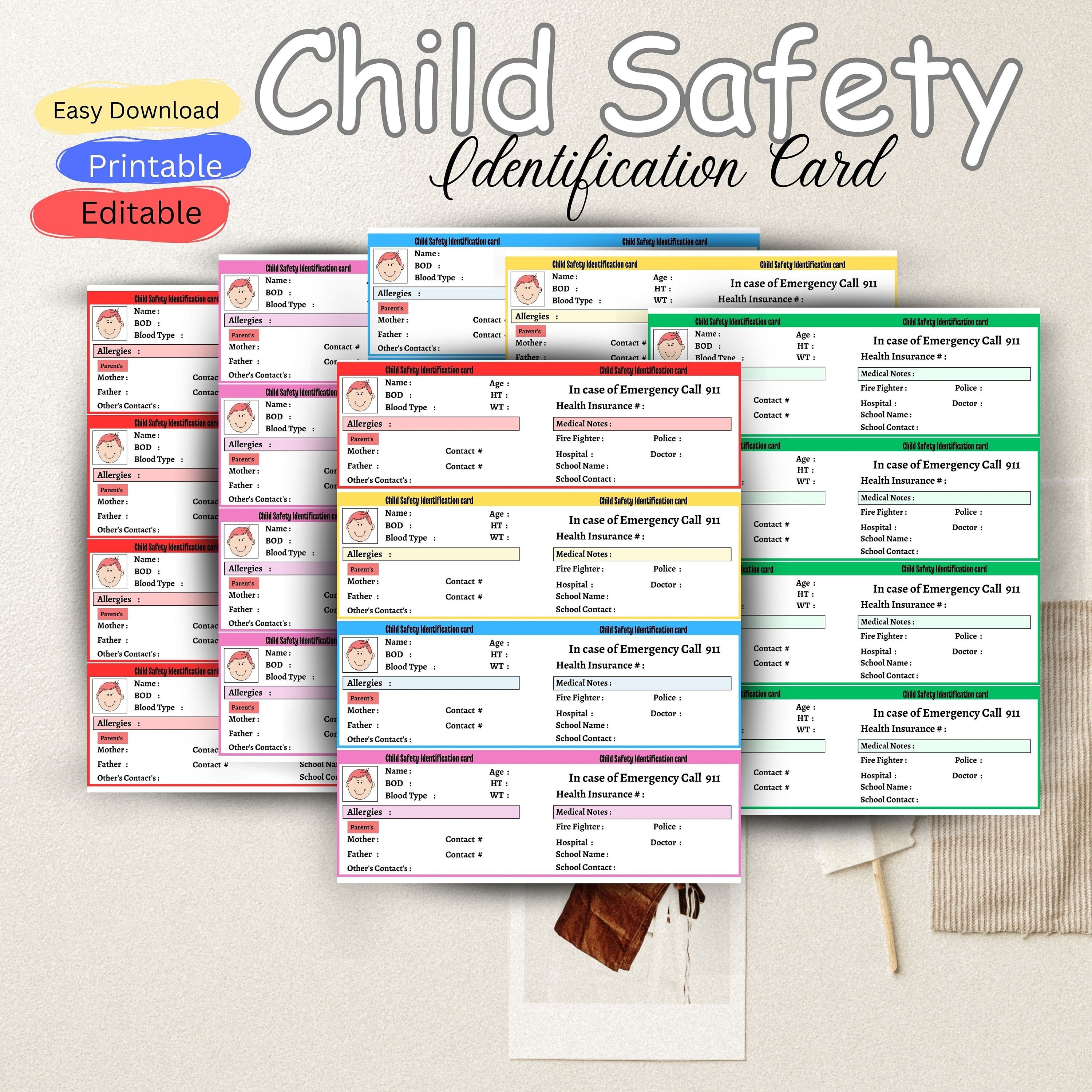 Editable Child Safety Identification Card L Important Contact for ...