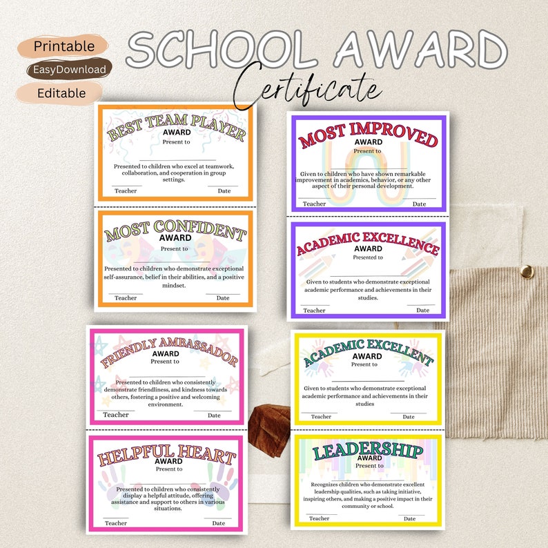 20 Award Editable Kids Year School Award Certificate. Editable and ...