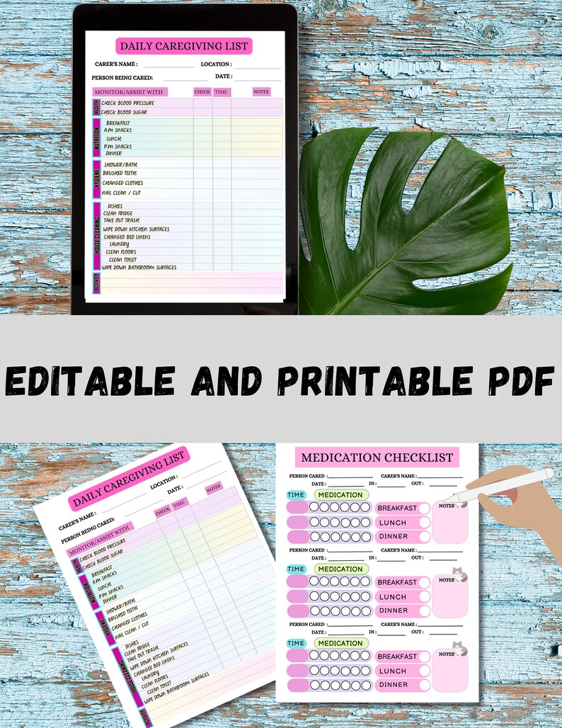 Elderly Caregiving Checklist- Editable and Printable.daily Living and ...