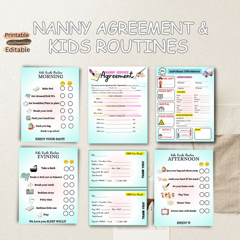 Nanny Agreement & Kids Routine, Receipt , Emergency Information ...