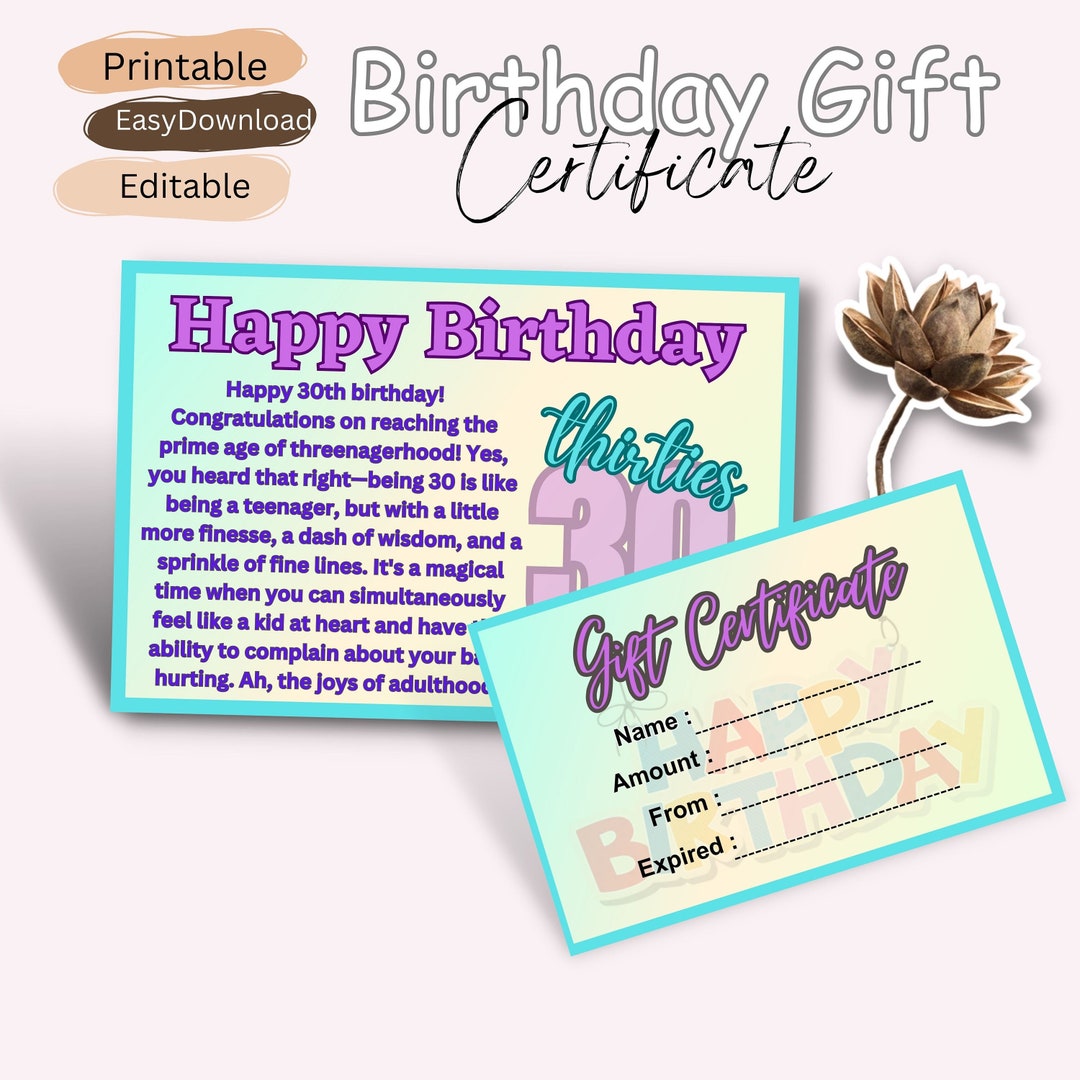 Editable 30th Birthday Gift Certificate Template L Printable Gift Card ...