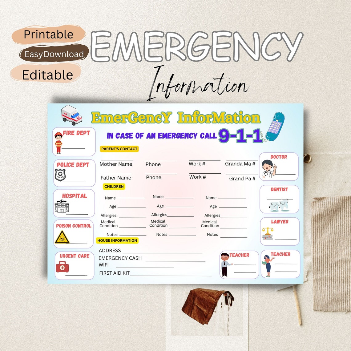 Emergency Information Sheet | Emergency Contact Information | Emergency ...
