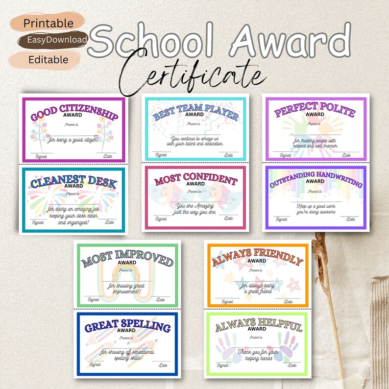 10 Award Editable Kids Year School Certificate. Editable and Printable ...
