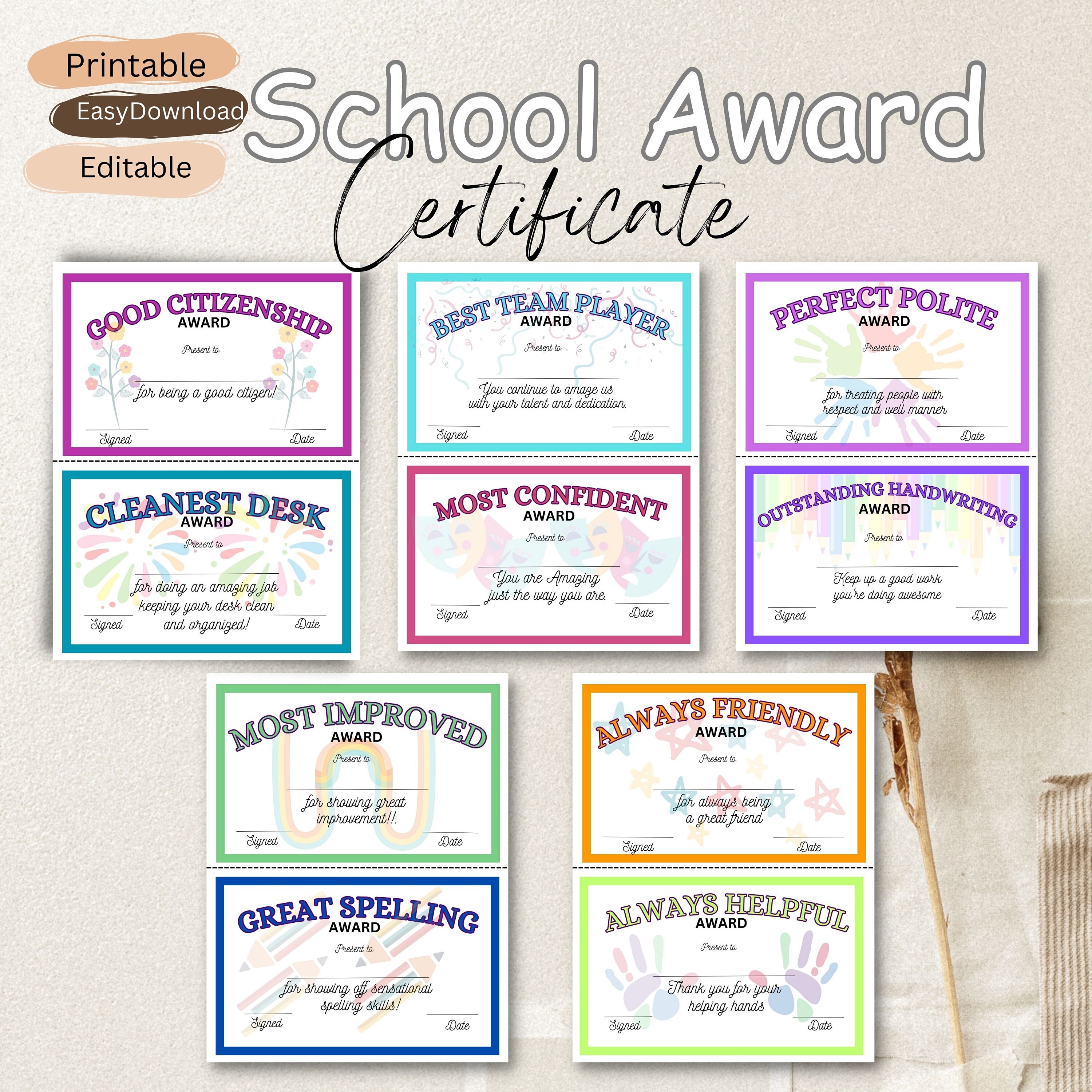 10 Award Editable Kids Year School Certificate. Editable and Printable ...