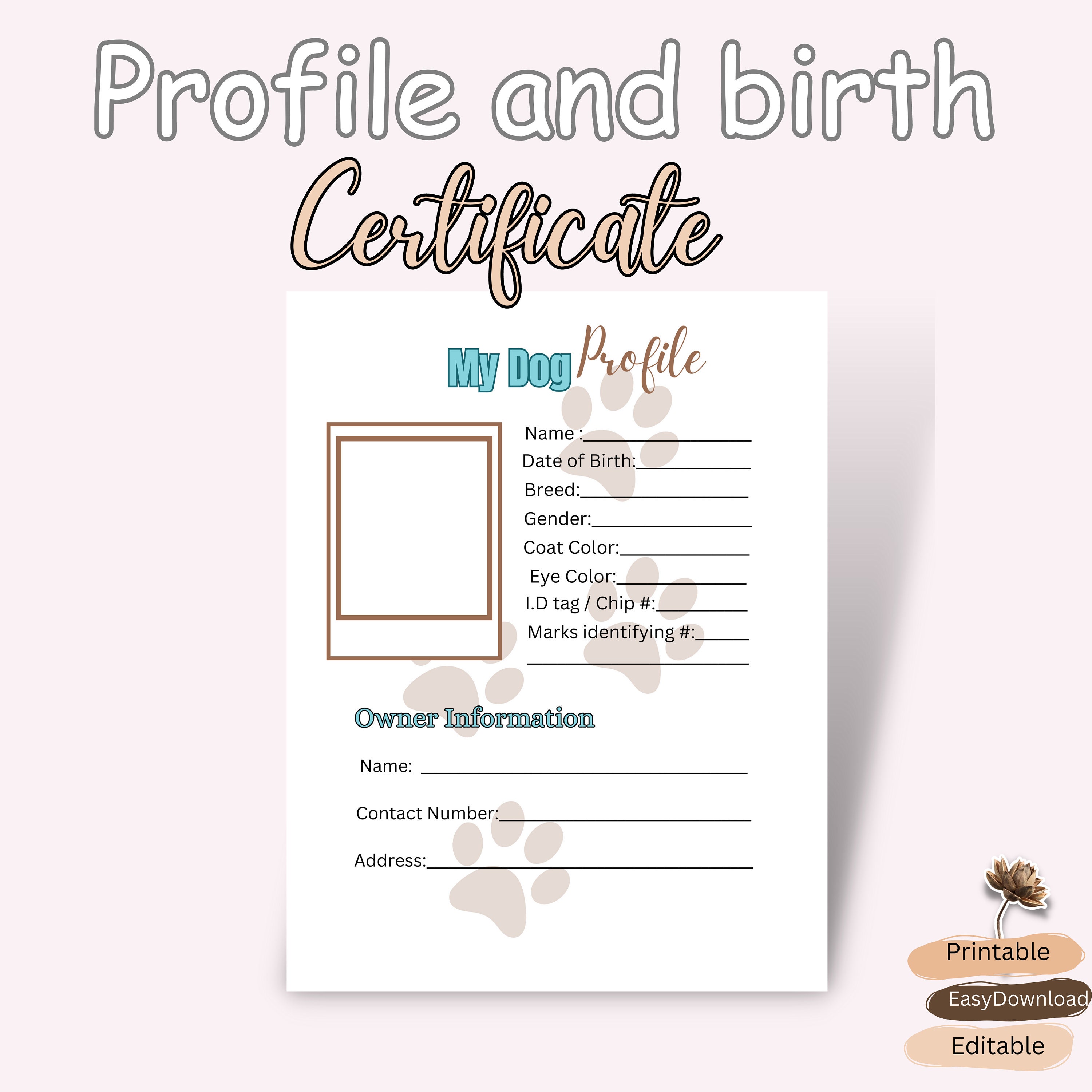 Dog Birth Certificate and Dog Profile Editable and Printable Canva ...