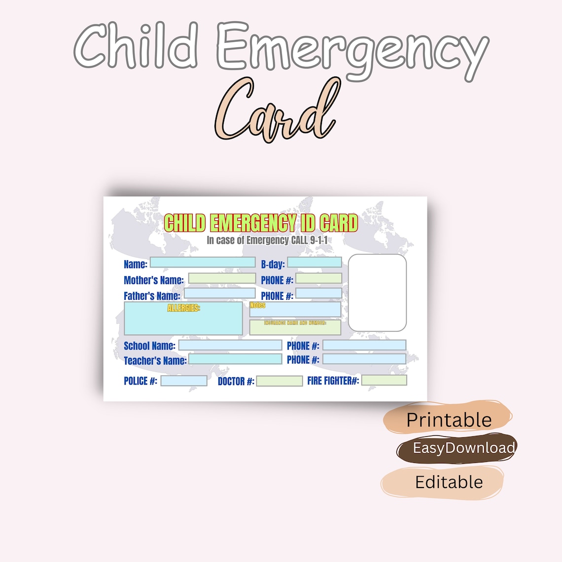 Editable Child Emergency Identification Card L Important Contact for ...