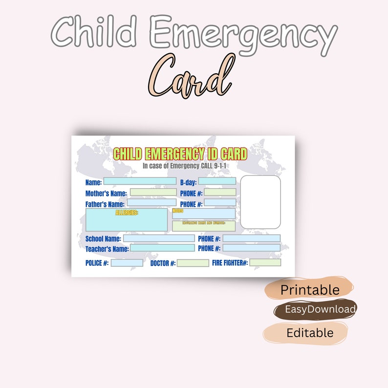 Editable Child Emergency Identification Card L Important Contact for ...
