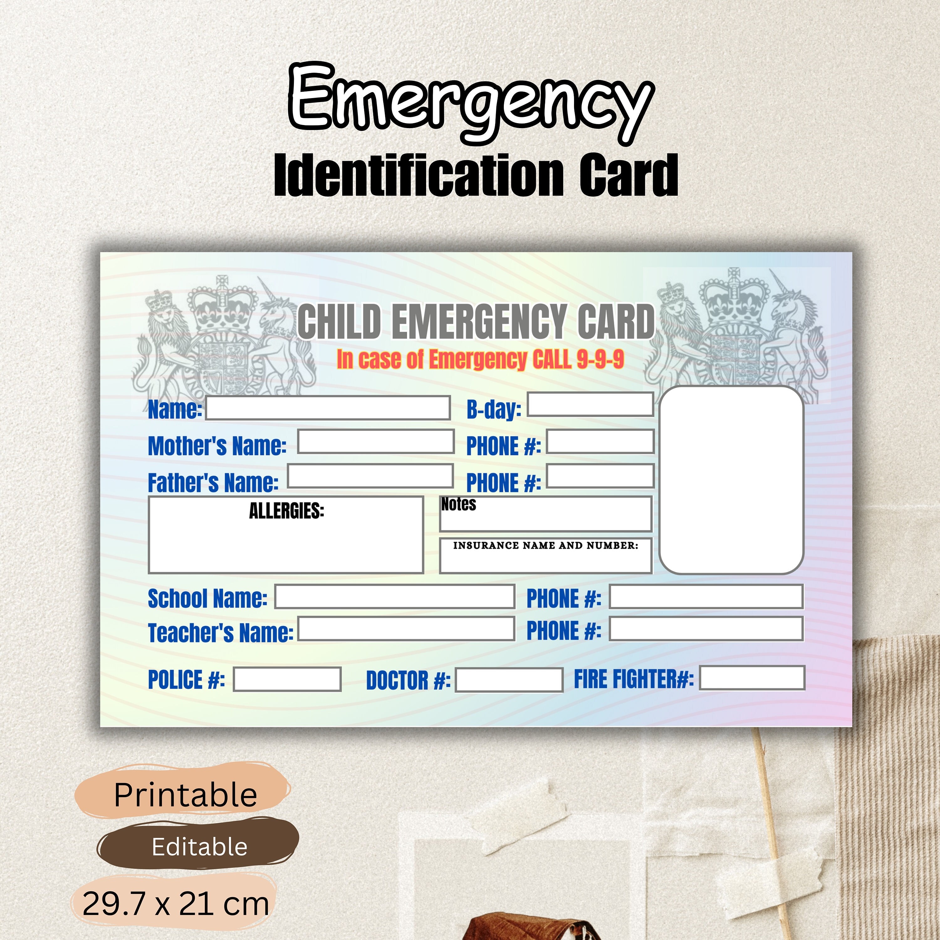 Editable Child Safety Identification Card L Important Contact for ...