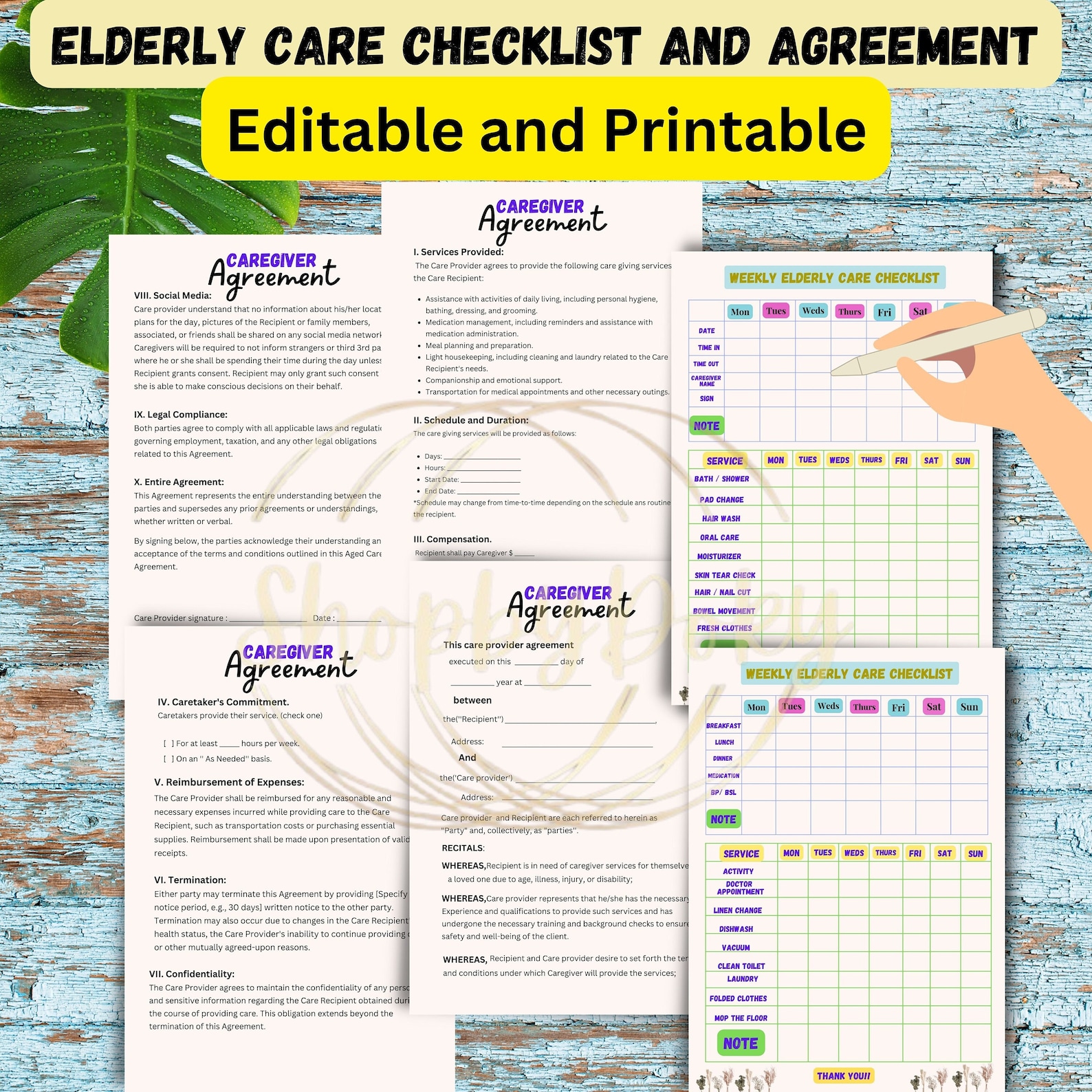 Elderly Care Provider Checklist and Agreement Templates Editable and ...