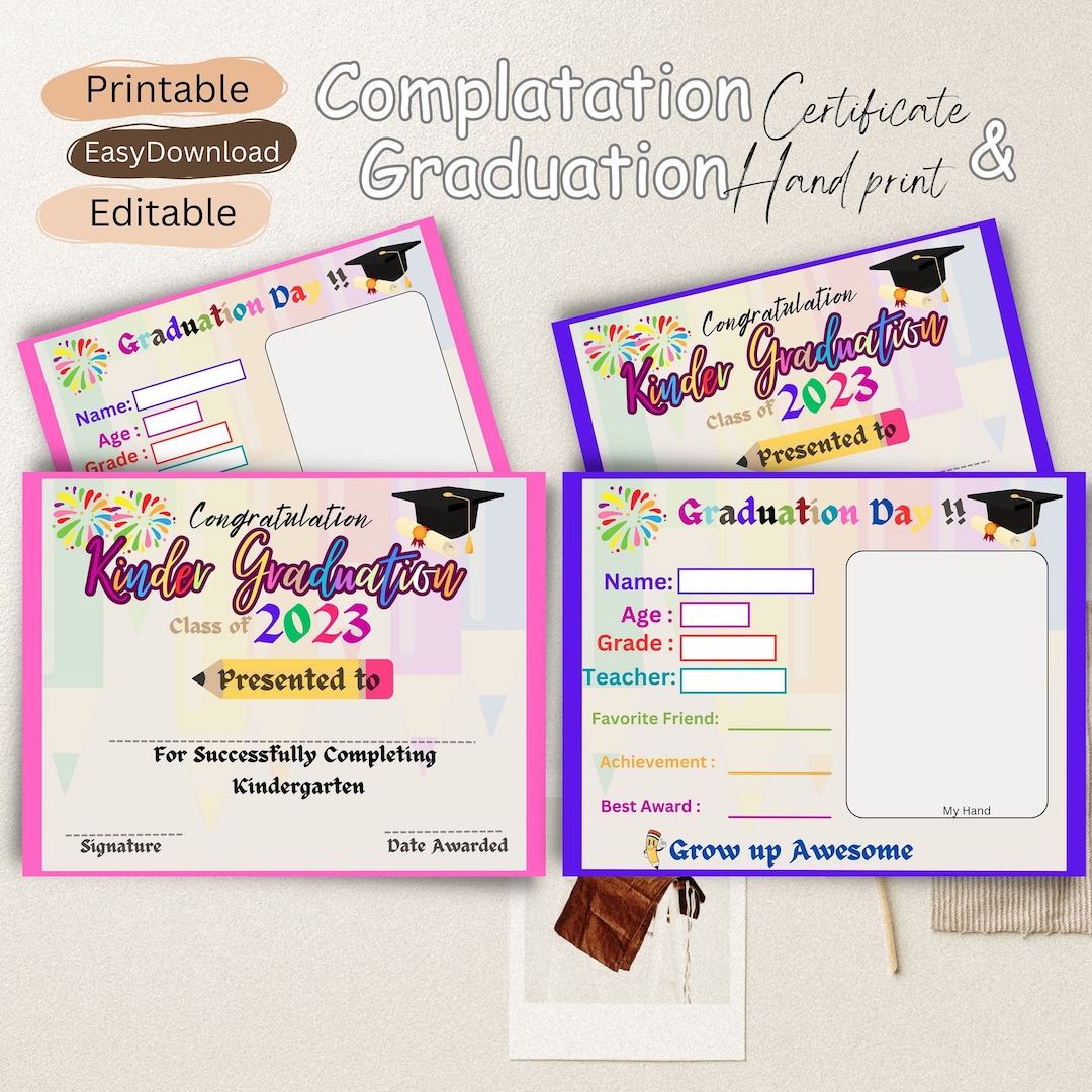 Editable Graduation Completion Certificate L Hand Print Craft L ...