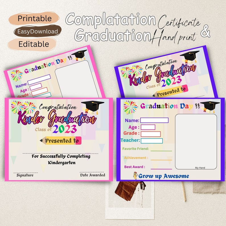 Editable Graduation Completion Certificate L Hand Print Craft L ...