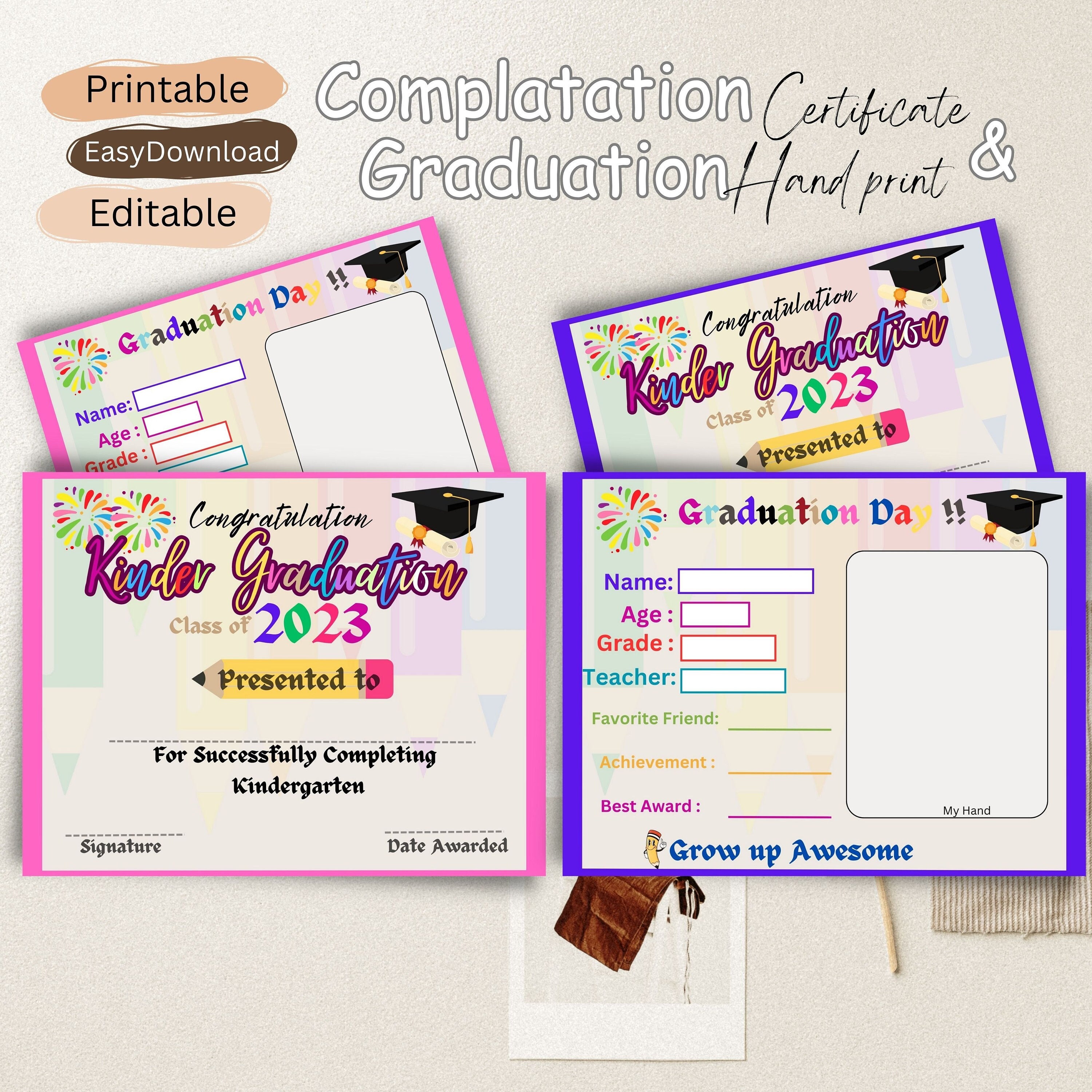 Editable Graduation Completion Certificate L Hand Print Craft L ...