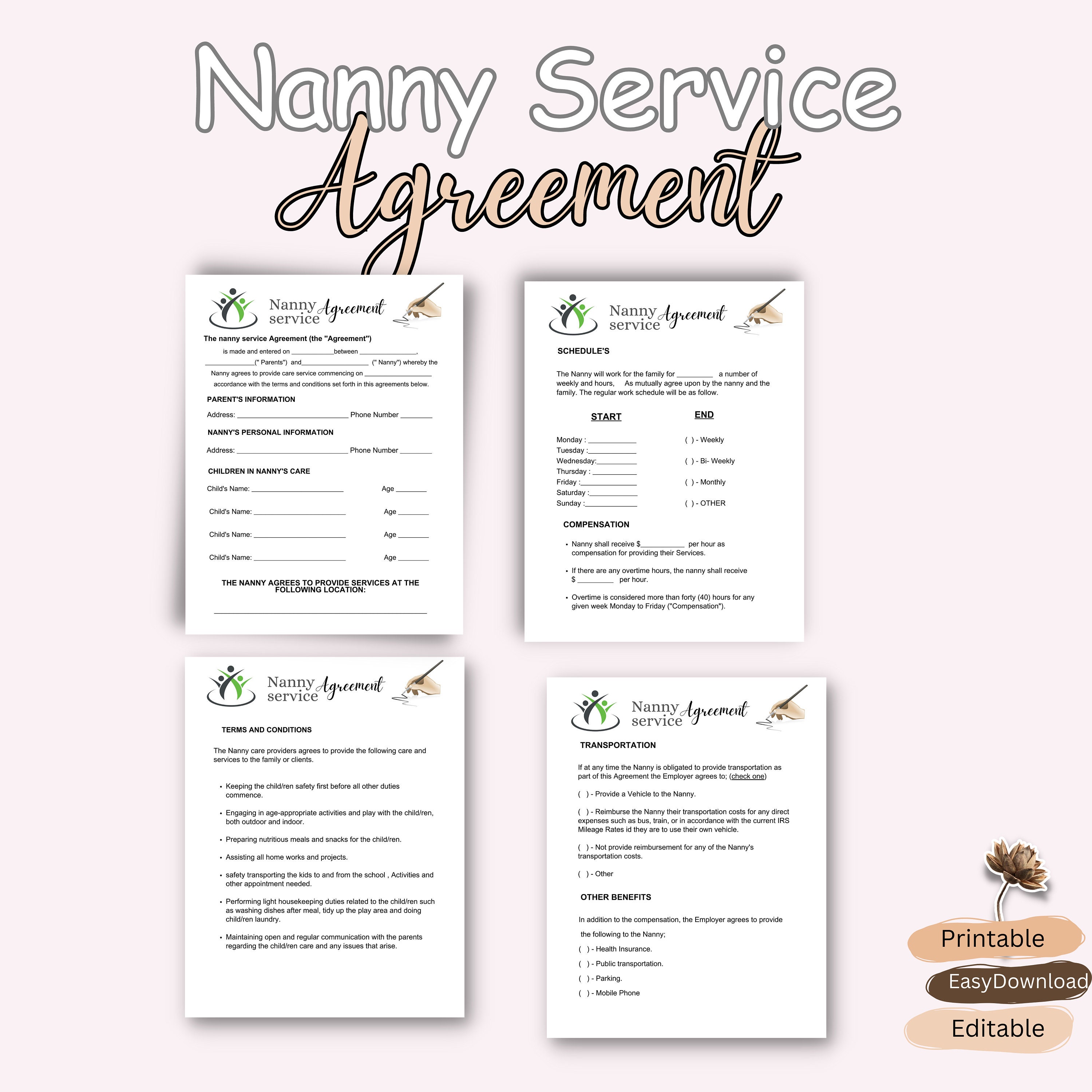 Nanny Service Agreement Editable and Printable in Canva. Nanny Services ...