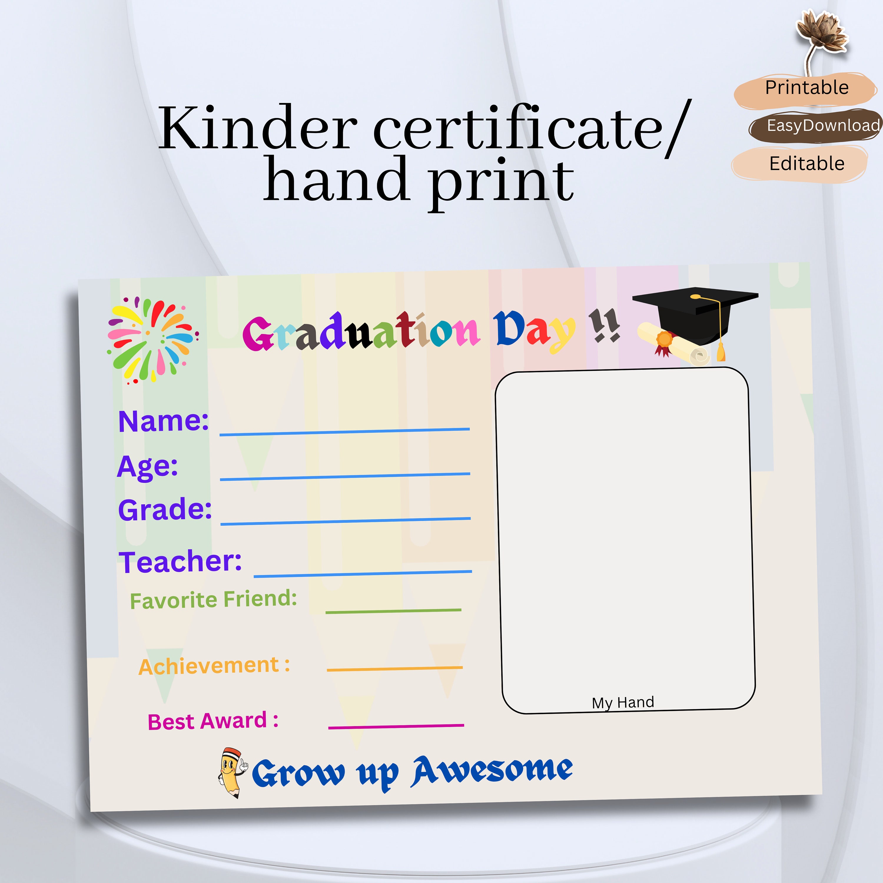 Editable Graduation Completion Certificate L Hand Print Craft L ...