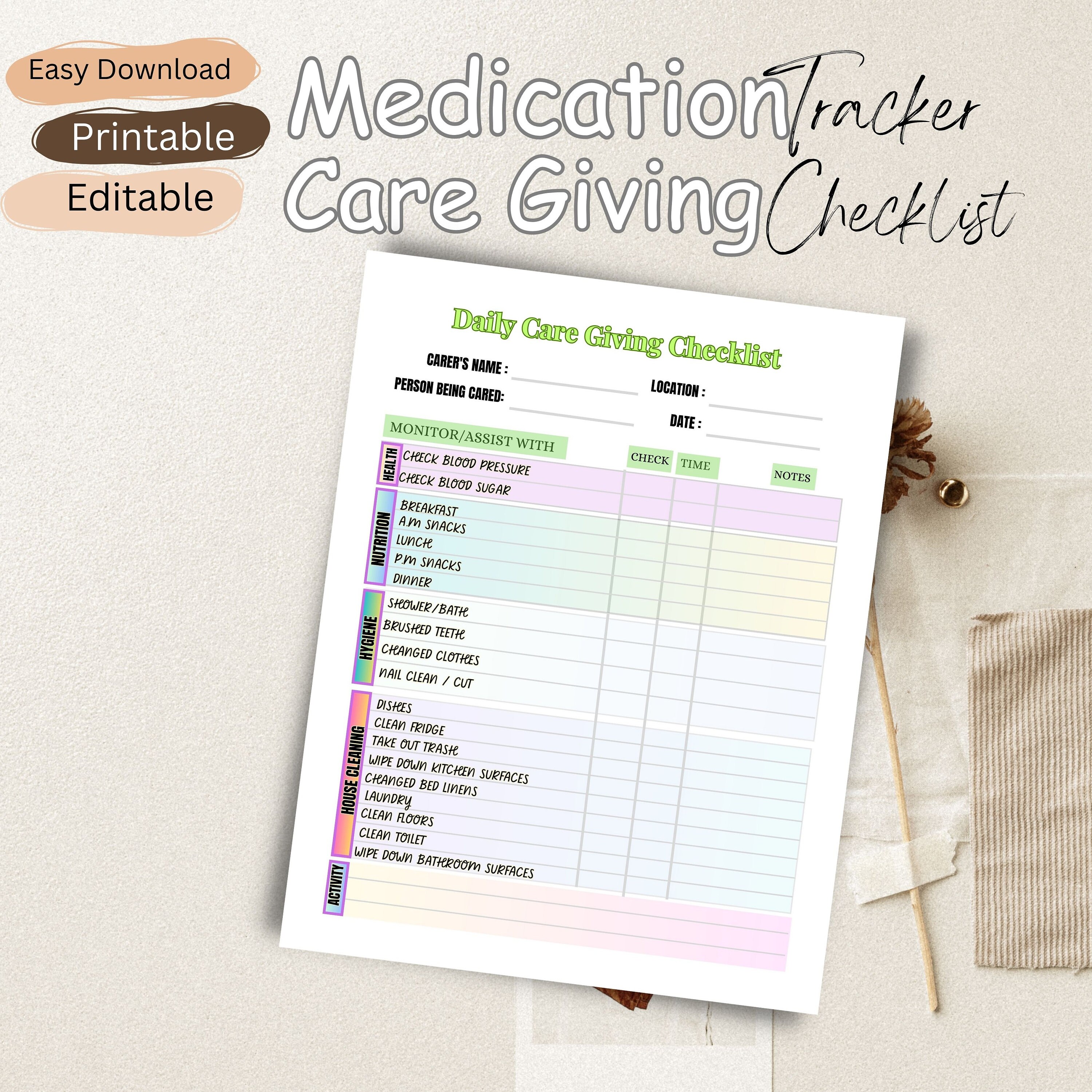 Elderly Care Giving and Medication List Editable and Printable is Ideal ...