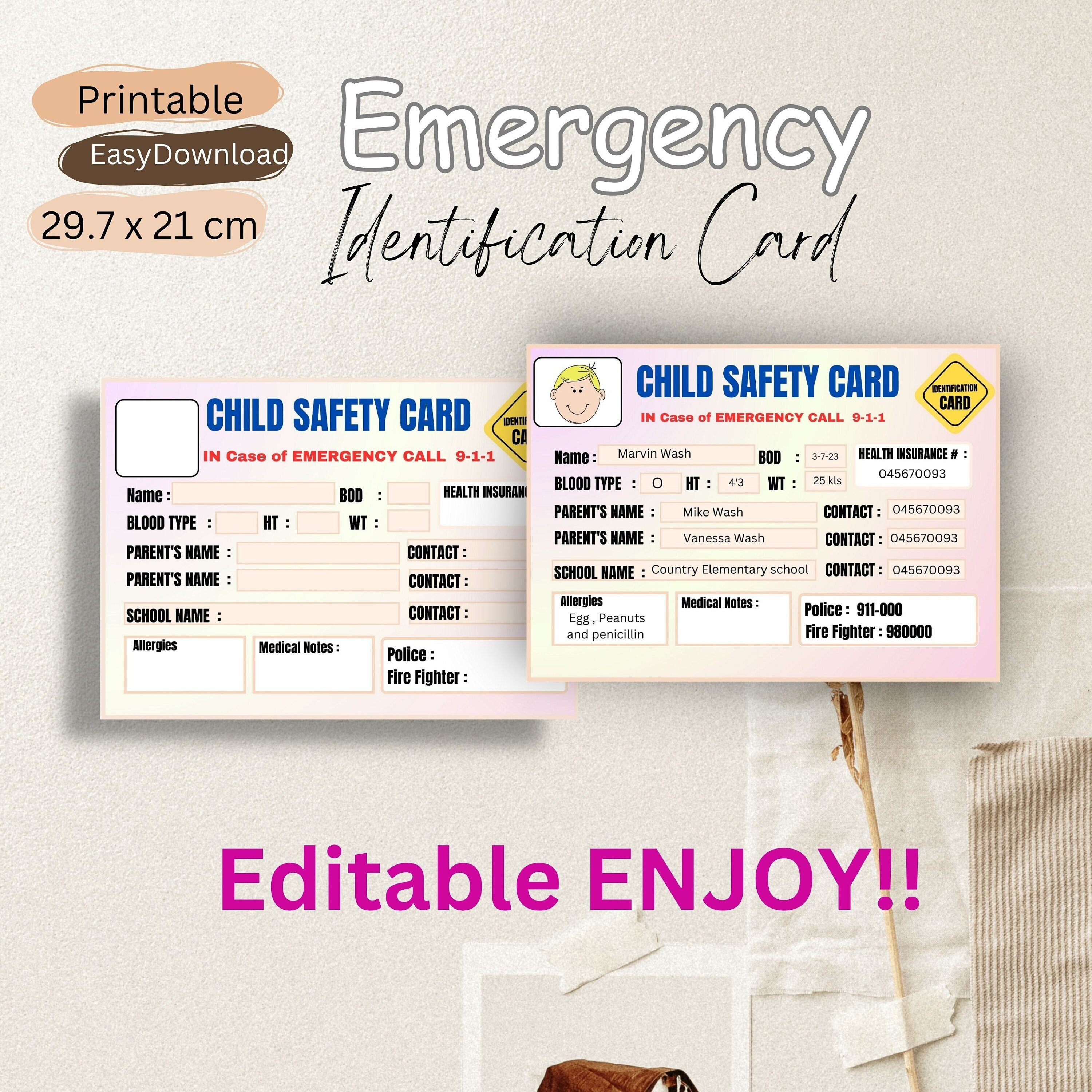 Editable Child Safety Identification Card L Important Contact for ...