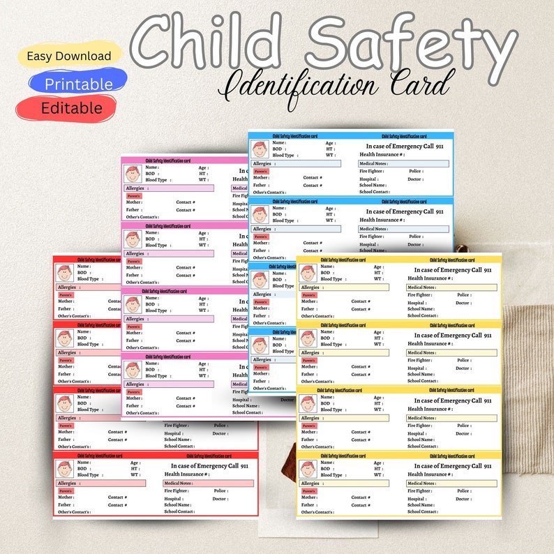 Editable Child Safety Identification Card L Important Contact for ...