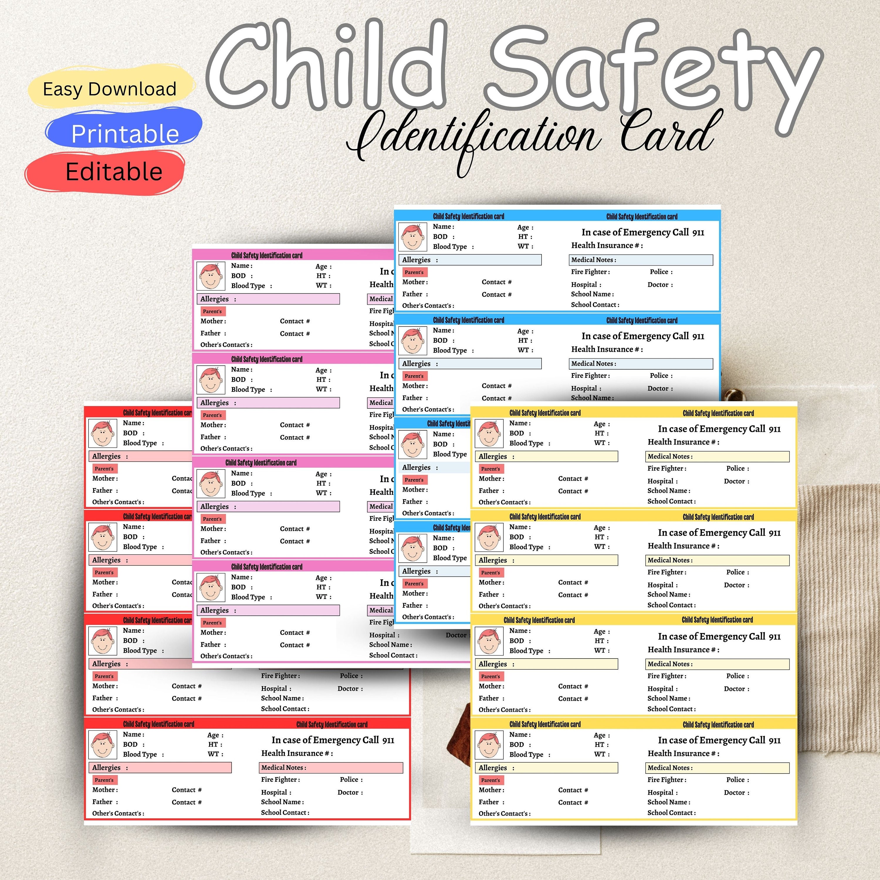 Editable Child Safety Identification Card L Important Contact for ...