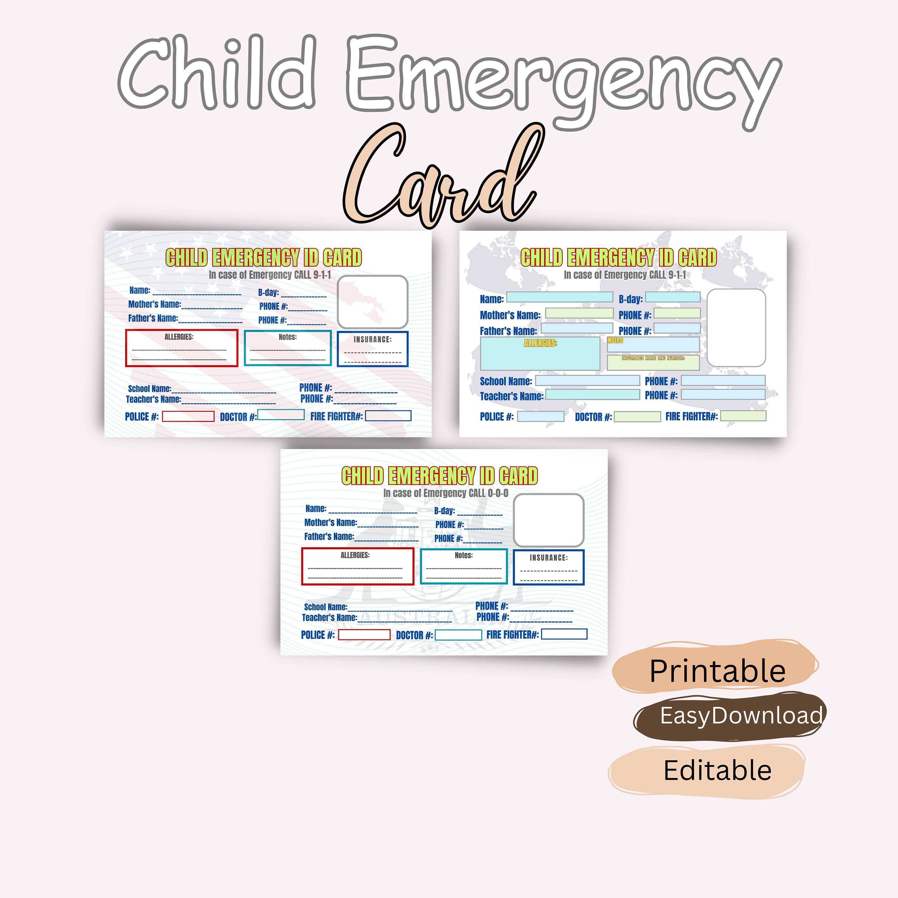 Editable Child Emergency Identification Card L Important Contact for ...