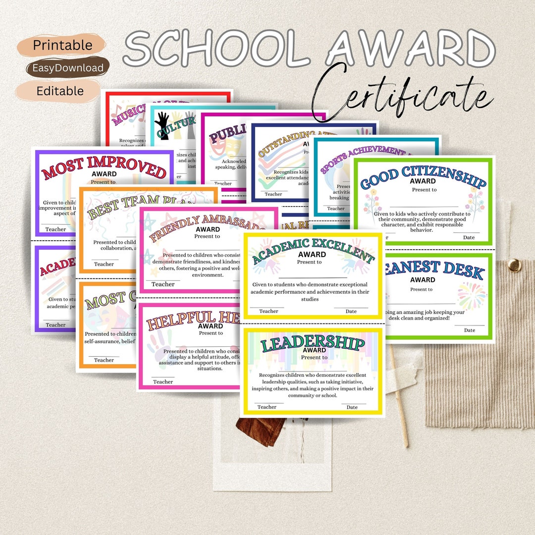 20 Award Editable Kids Year School Award Certificate. Editable and ...