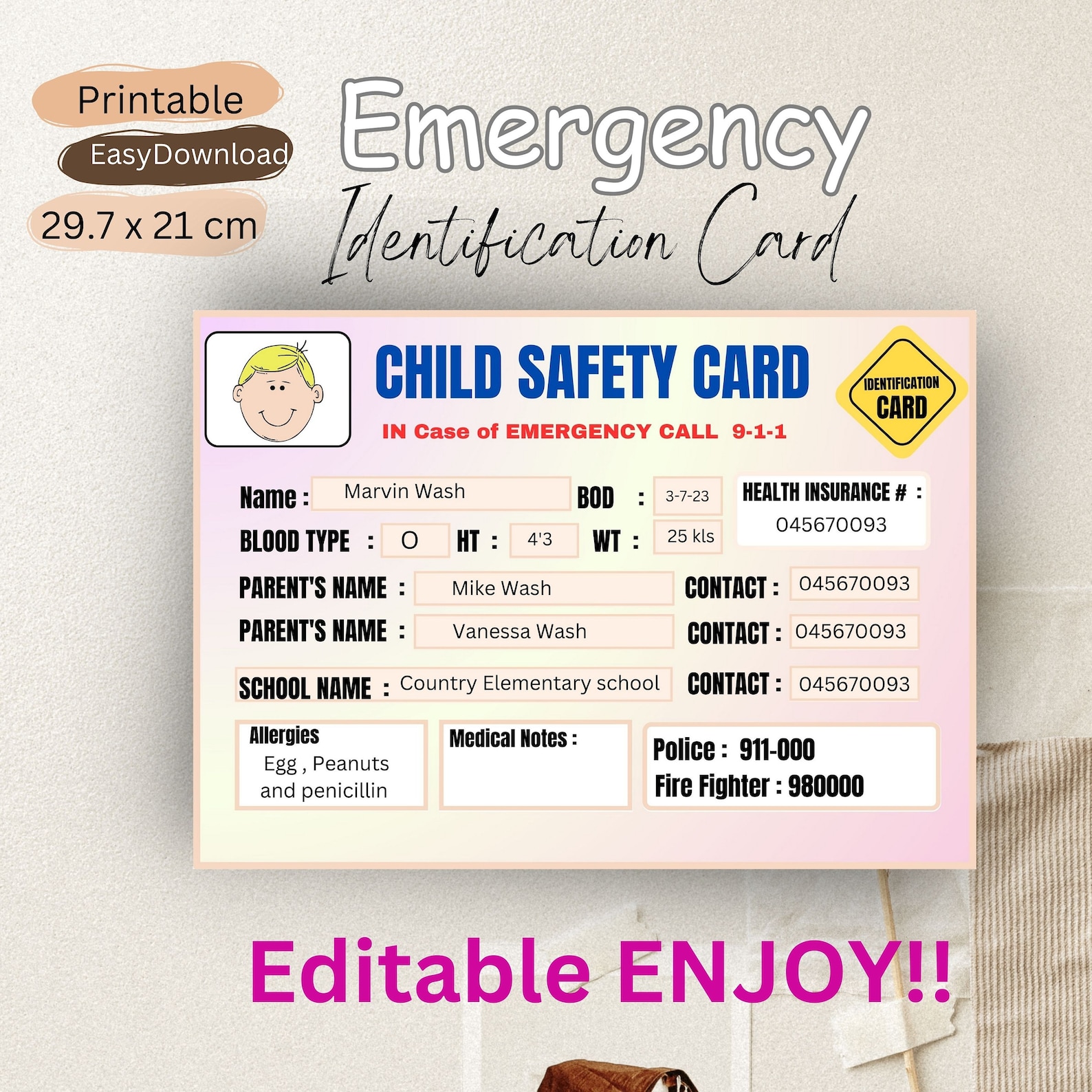 Editable Child Safety Identification Card L Important Contact for ...