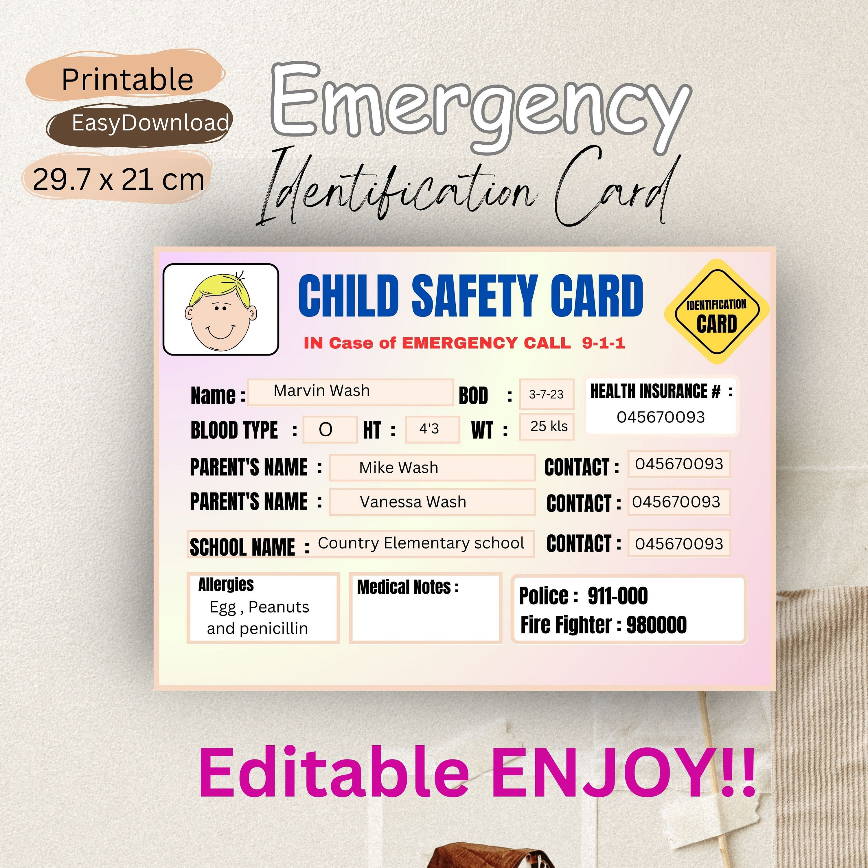 Editable Child Safety Identification Card L Important Contact for ...