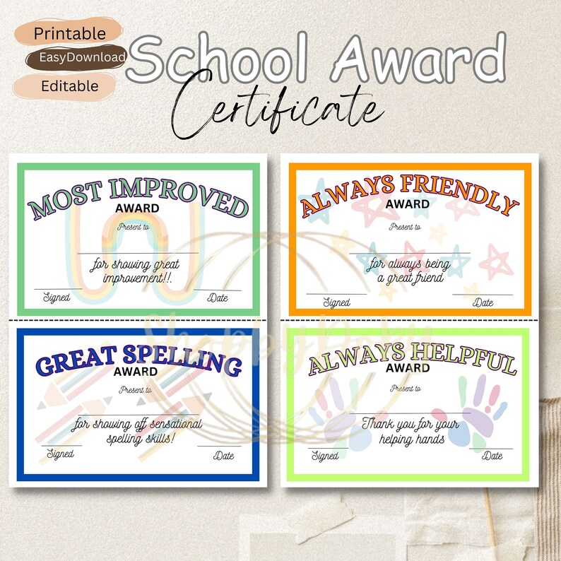 10 Award Editable Kids Year School Certificate. Editable and Printable ...