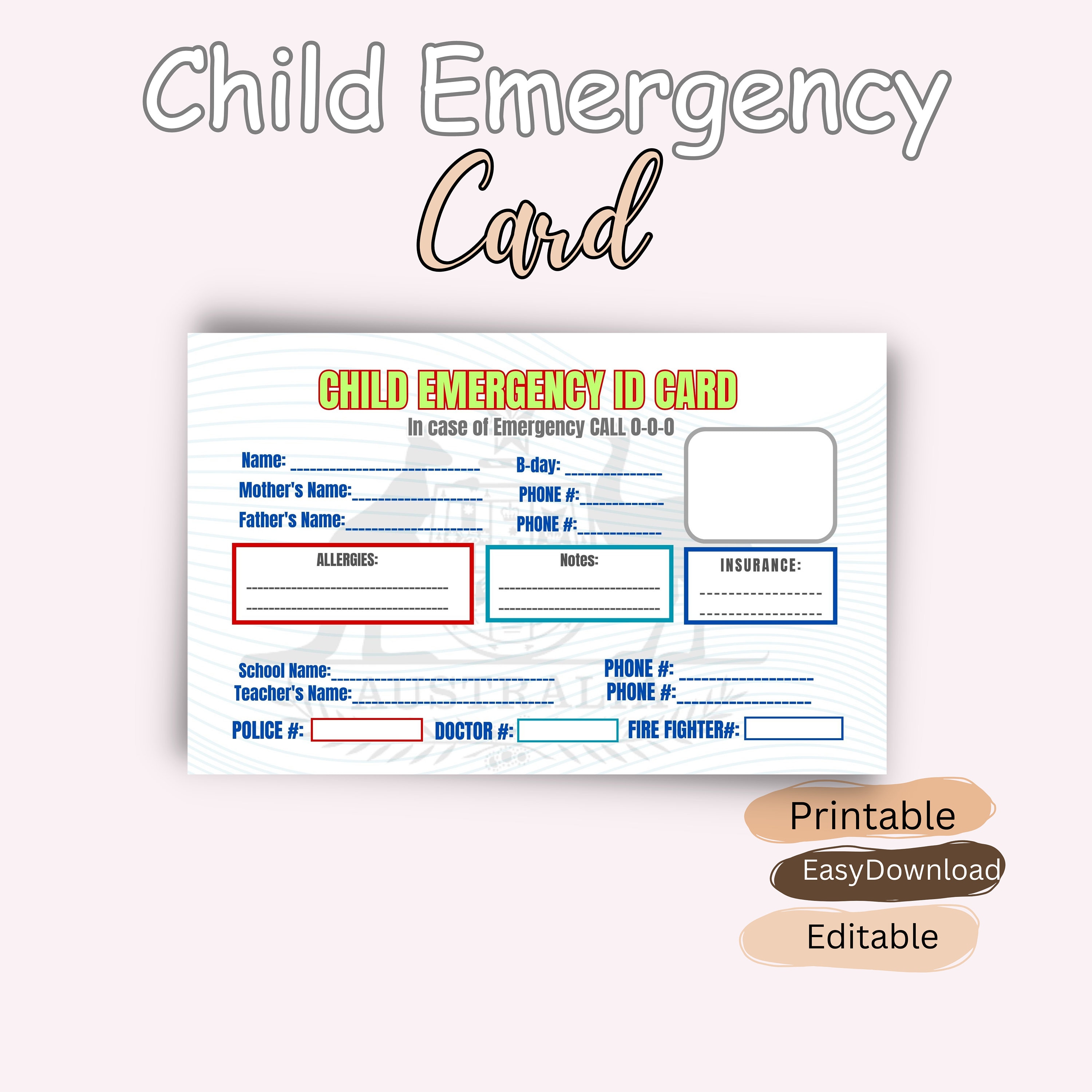Editable Child Emergency Identification Card L “perfect for Parents ...
