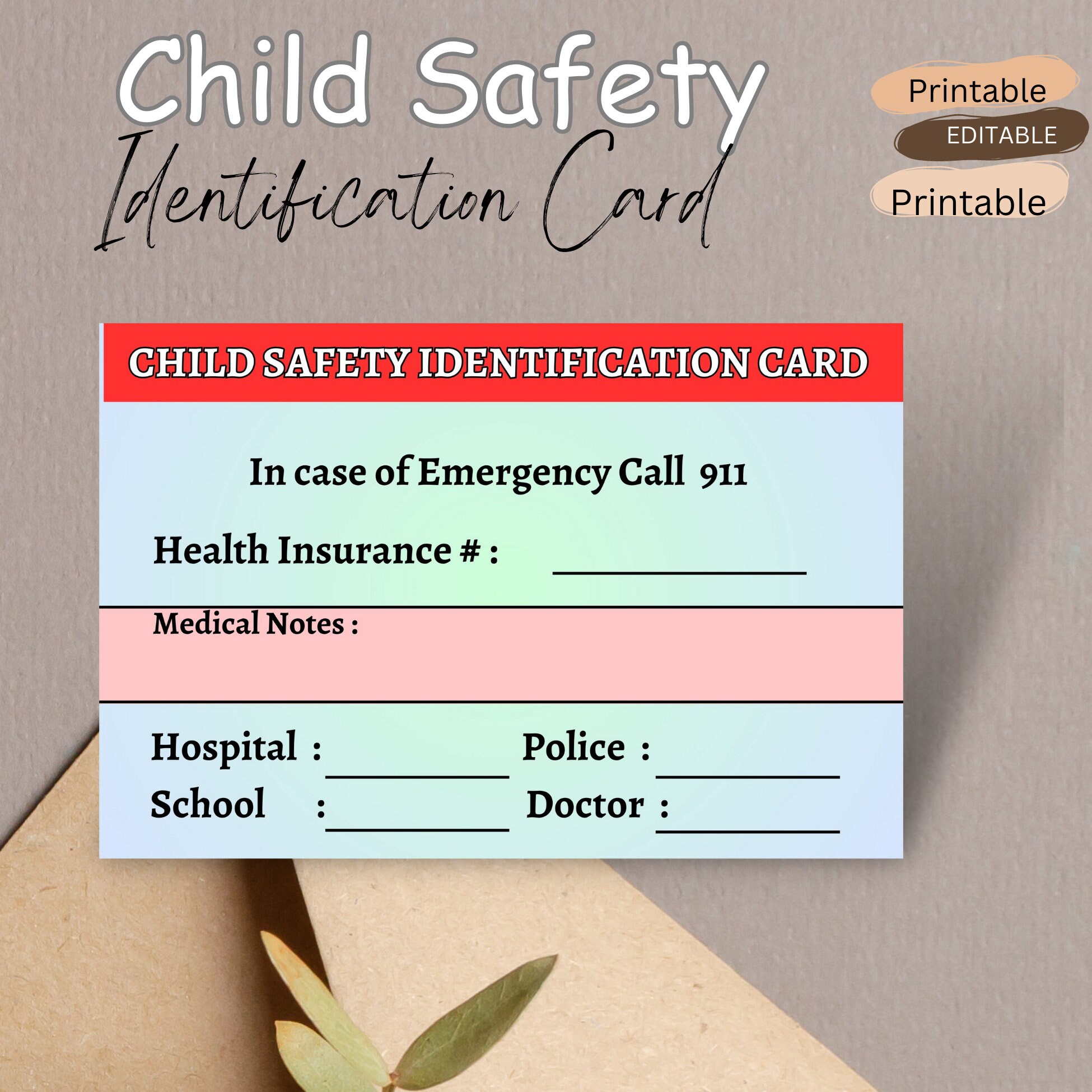 Editable Child Safety Identification Card L Important Contact for ...