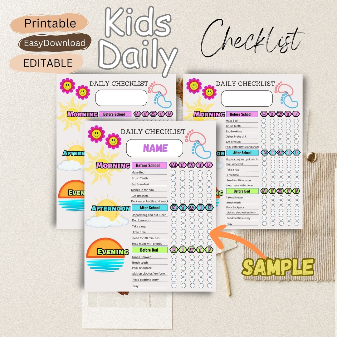 Kids Daily Schedule List, Editable and Printable , Everyday Checklist ...