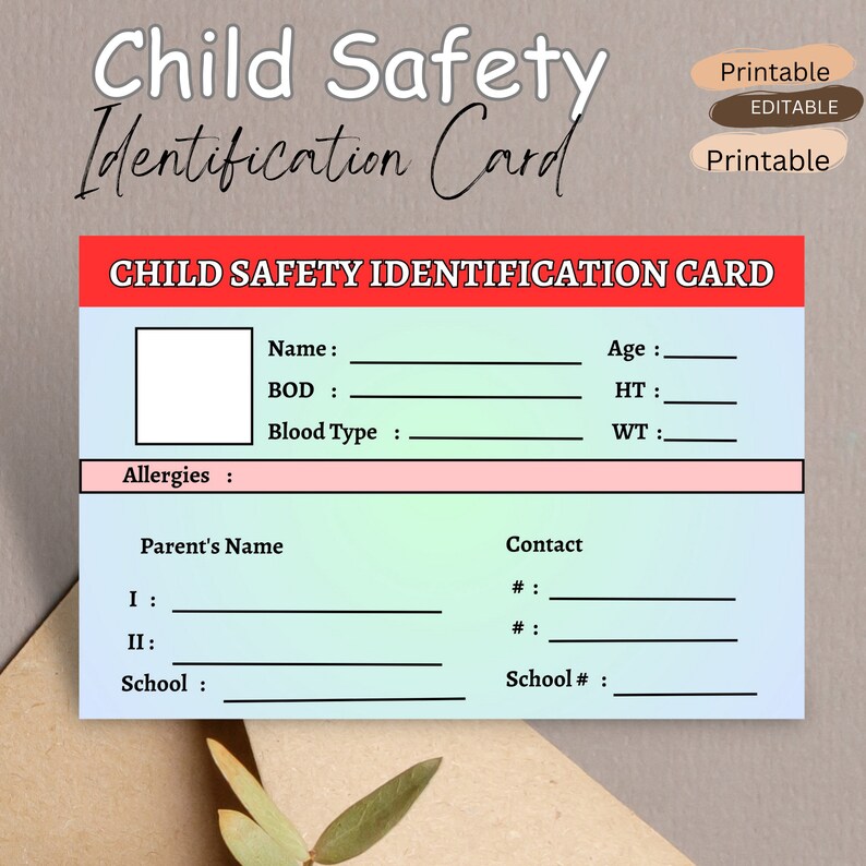 Editable Child Safety Identification Card L Important Contact for ...
