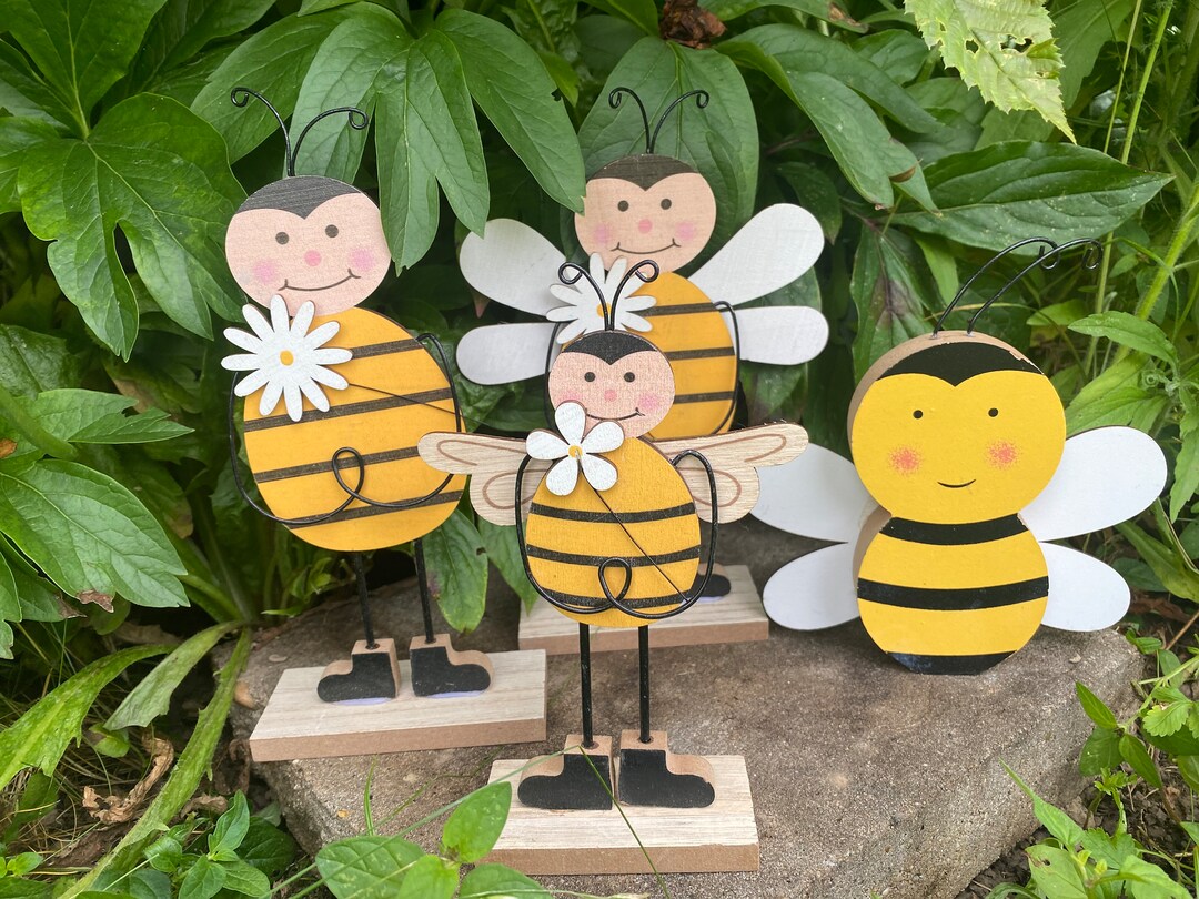 Set of 4 Wooden Bee Figures, Wood, Figure, Sculpture, Decoration, Home ...