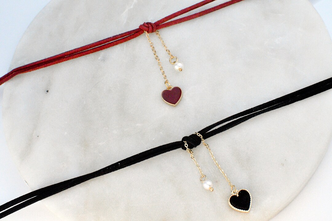 Suede Heart Dangle Choker / Red Suede Heart Choker / Black Suede Heart ...
