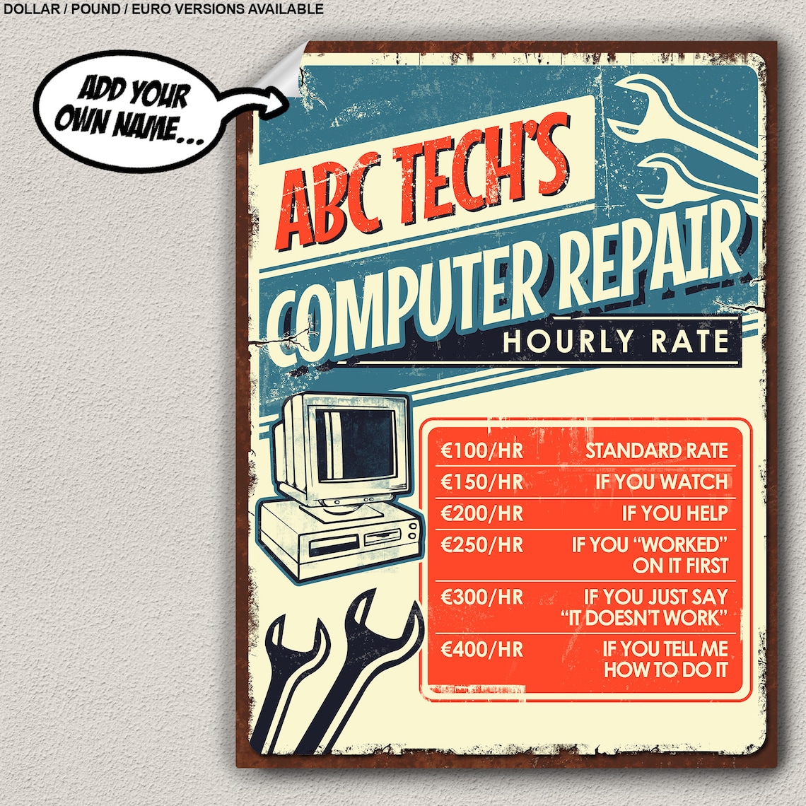 Computer Repair Hourly Rate Funny Poster Wall Art Gift for IT Tech ...