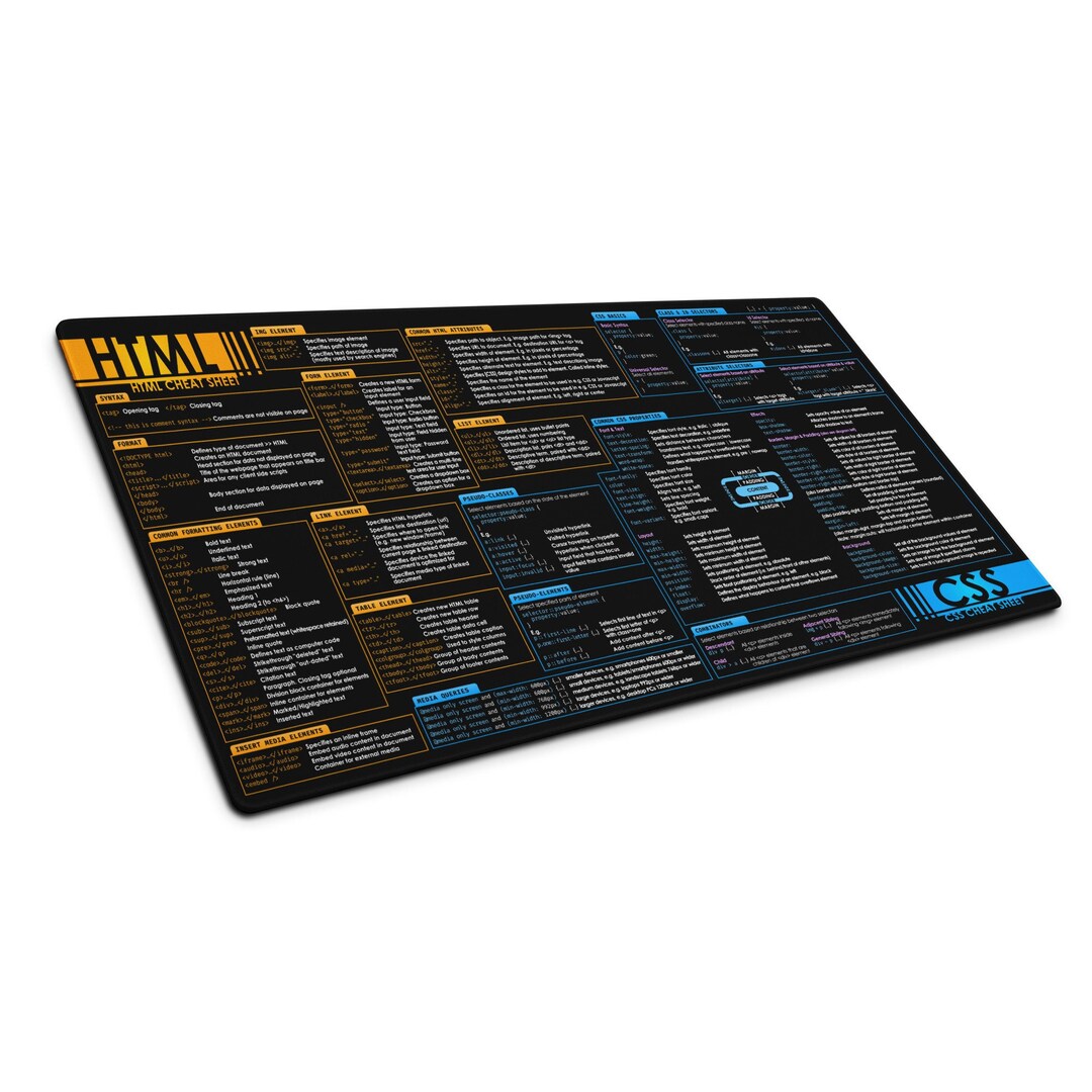 Buy HTML CSS Cheat Sheet Deskmat Large Mousepad for Web Designers 36x18 ...