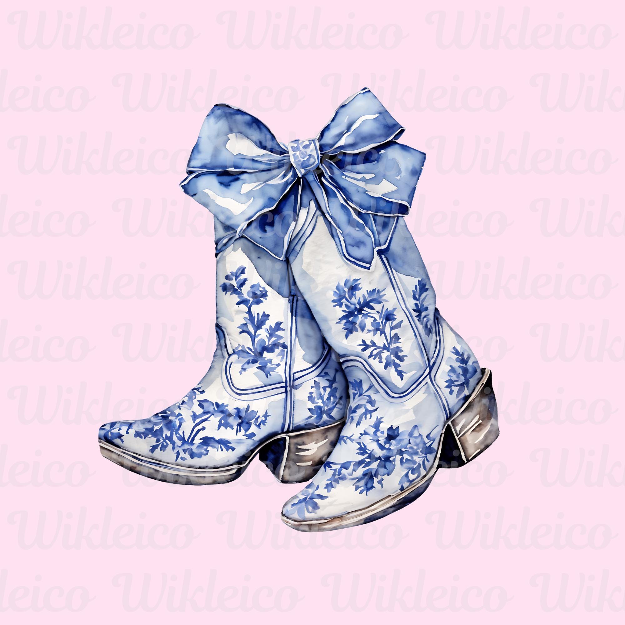 Coastal Cowgirl PNG Blue and White Toile Watercolor Cowboy Boots With ...