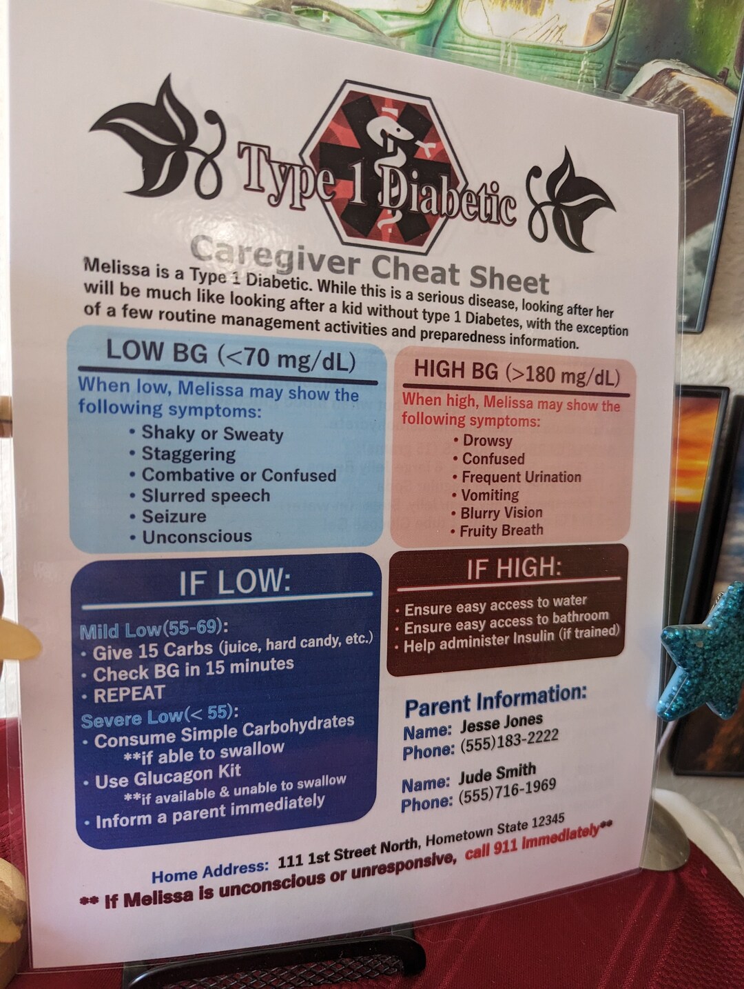 Personalized Type 1 Diabetic Caregiver Cheat Sheet - Laminated - Etsy