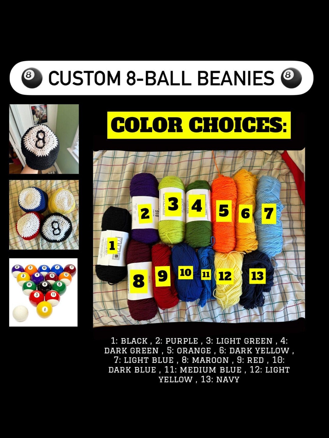 Custom 8-ball Crochet Beanies Custom Color and Number - Etsy