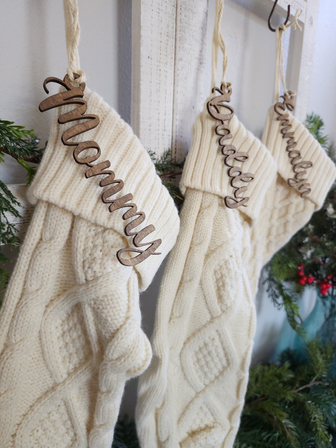 Personalized Christmas Stocking Name Tag, Wood Script Name Gift Tags ...