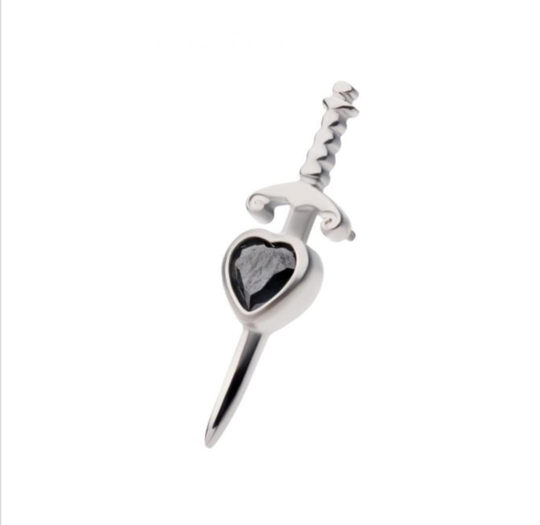 Titanium Threadless Dagger With Black Heart Gem Earring | Goth Piercing ...