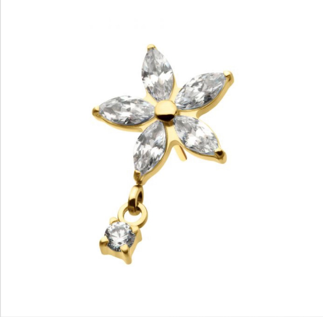 24k Gold Threadless CZ Flower Top With Dangle | Gold Rook Jewelry ...