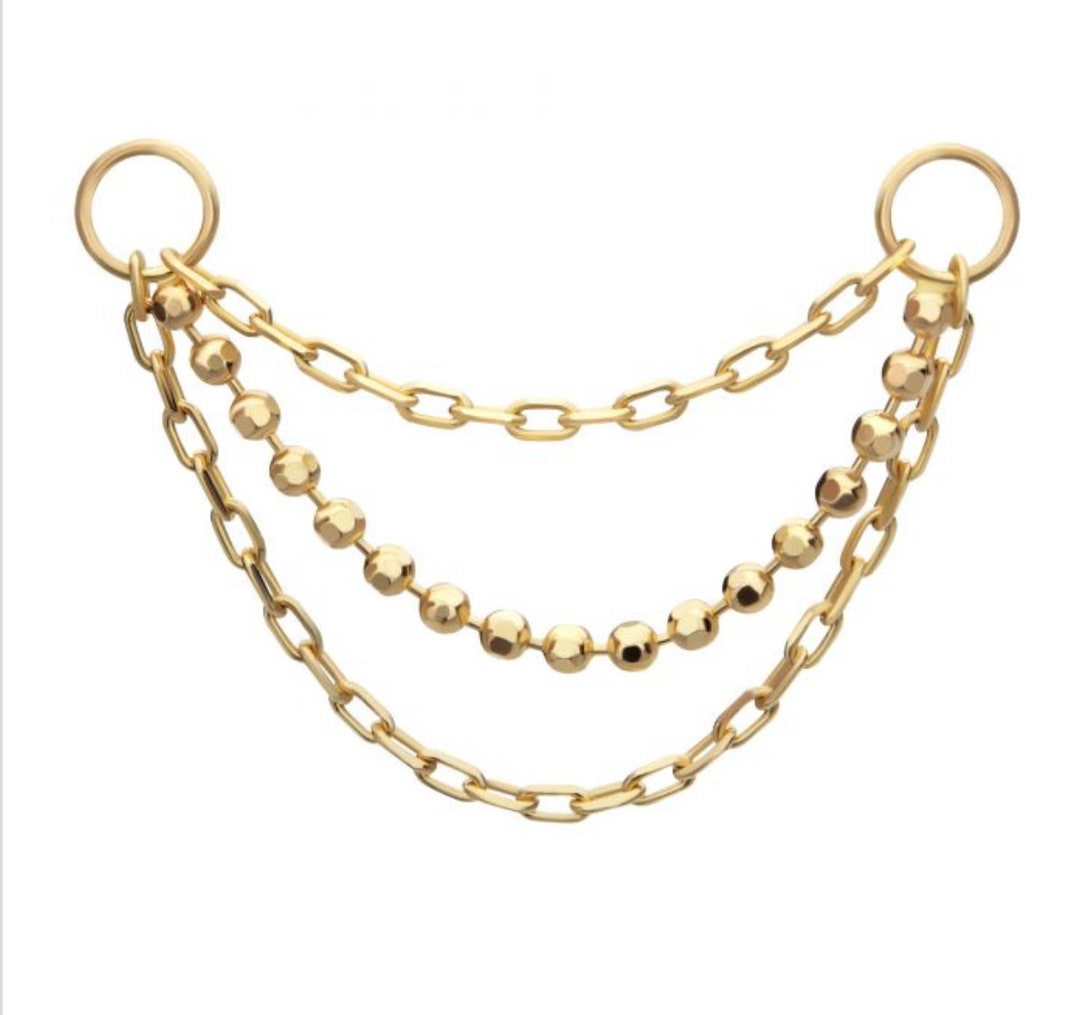 14kt Yellow Gold 3-tier Bead and Link Chain With Rings | Triple Gold ...