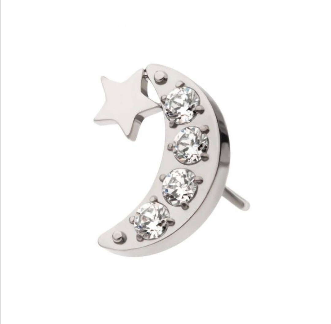 Titanium Threadless Star With Pave Set CZ Crescent Moon Earring | Moon ...