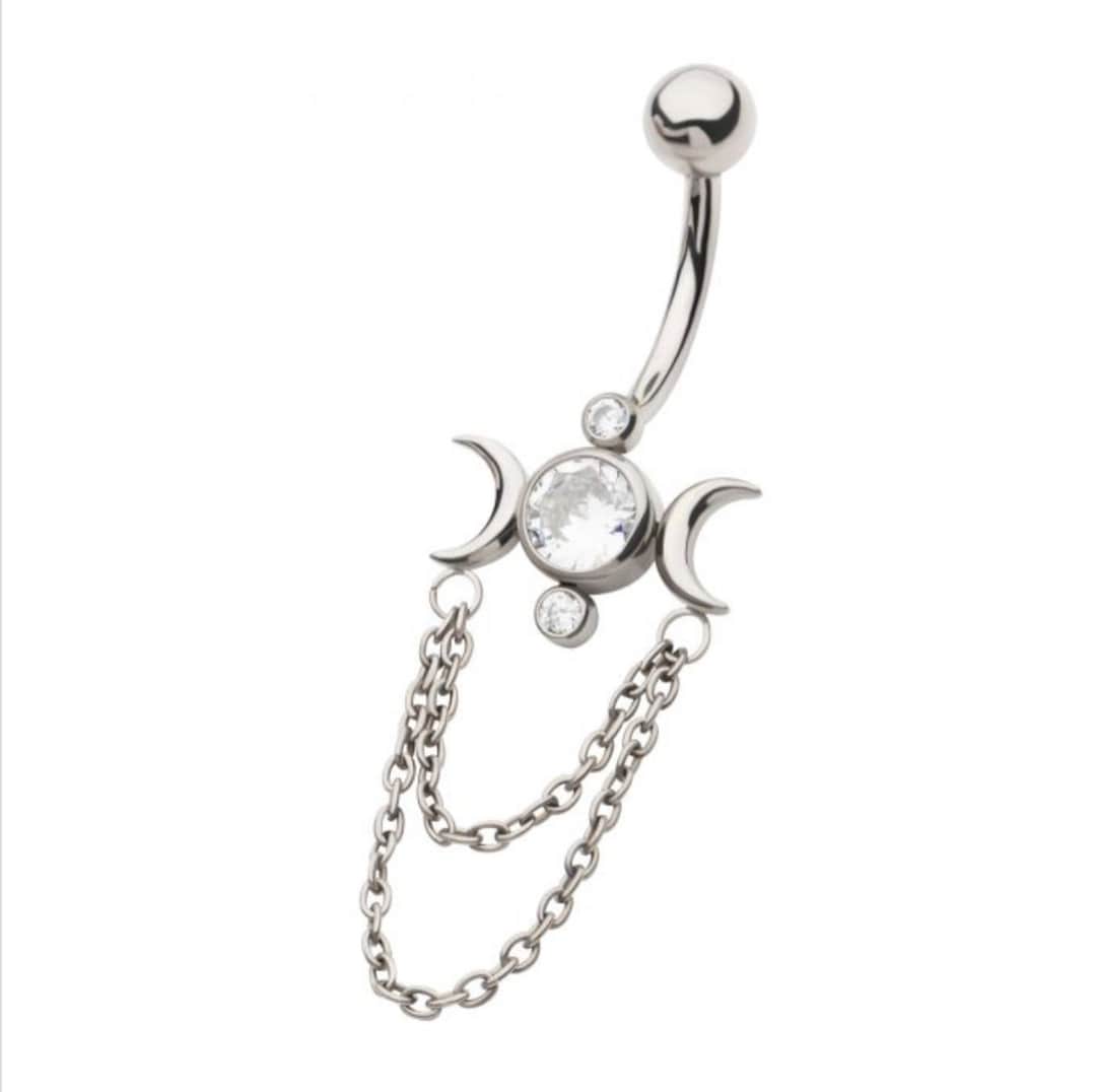 Titanium Internally Threaded Bezel Round CZ Triple Moon Phase Navel ...