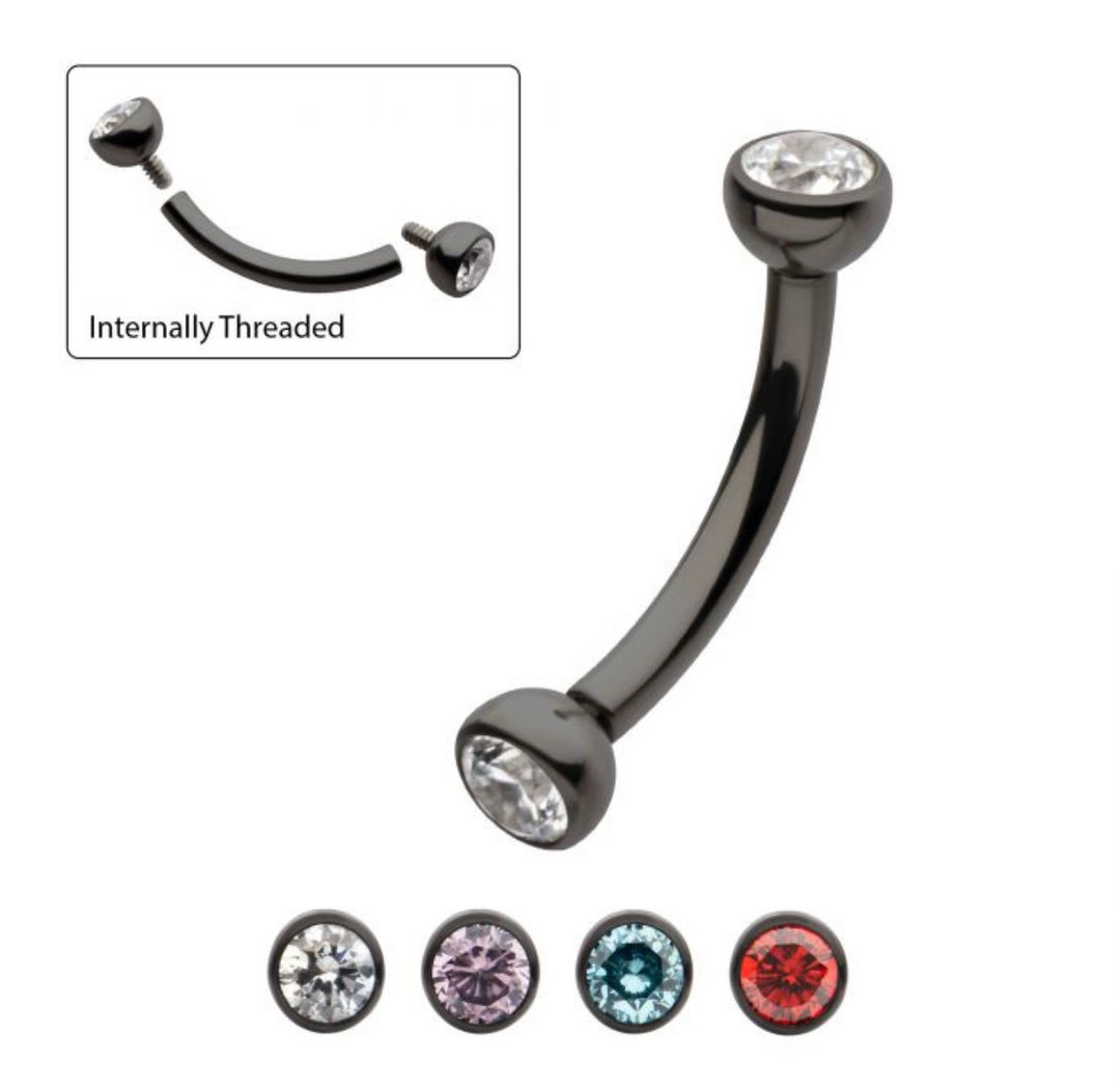 Black PVD Titanium Internally Threaded Double Bezel Gem Curved Barbell ...