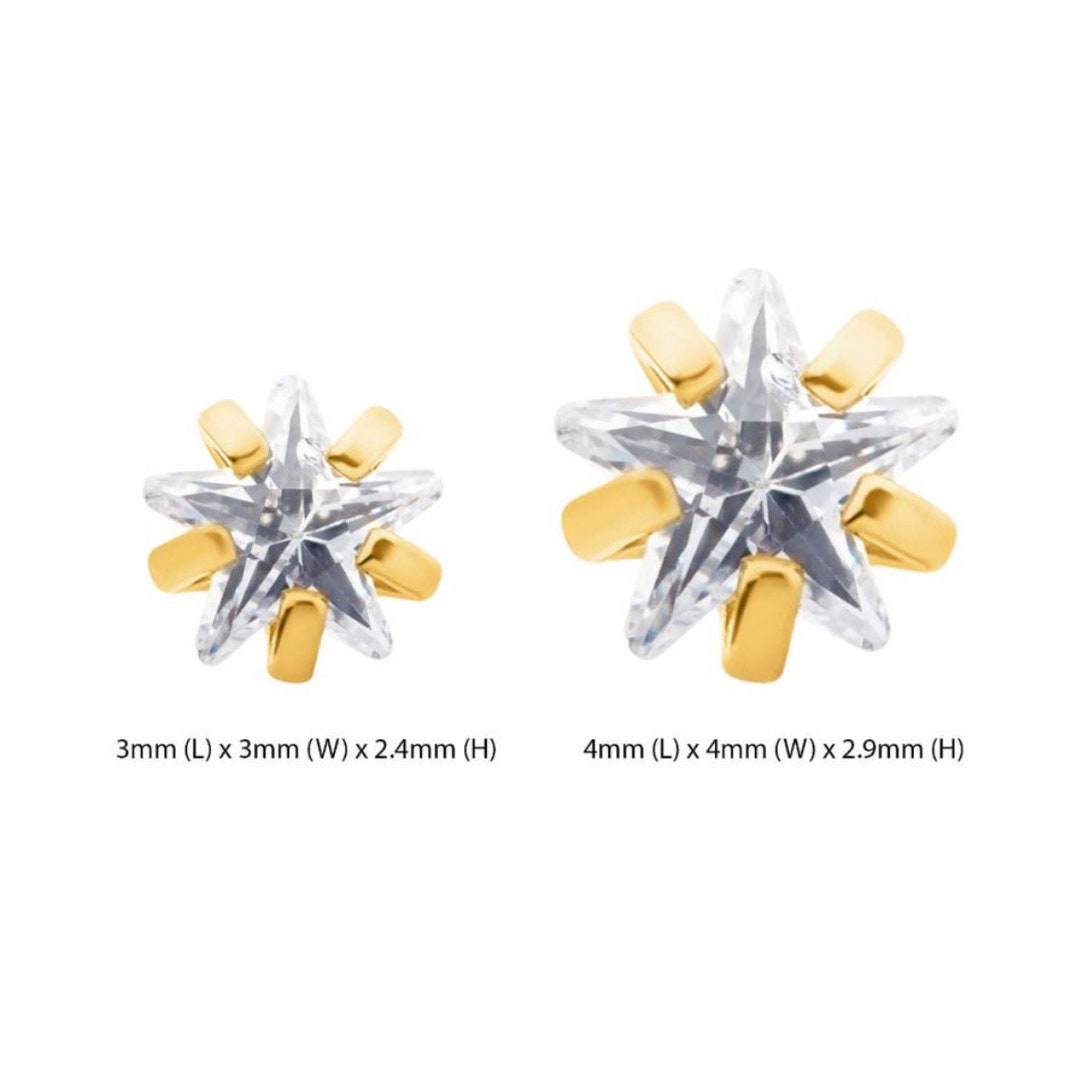 24kt Gold PVD Titanium Threadless With Prong Set CZ Star Shape Earring ...