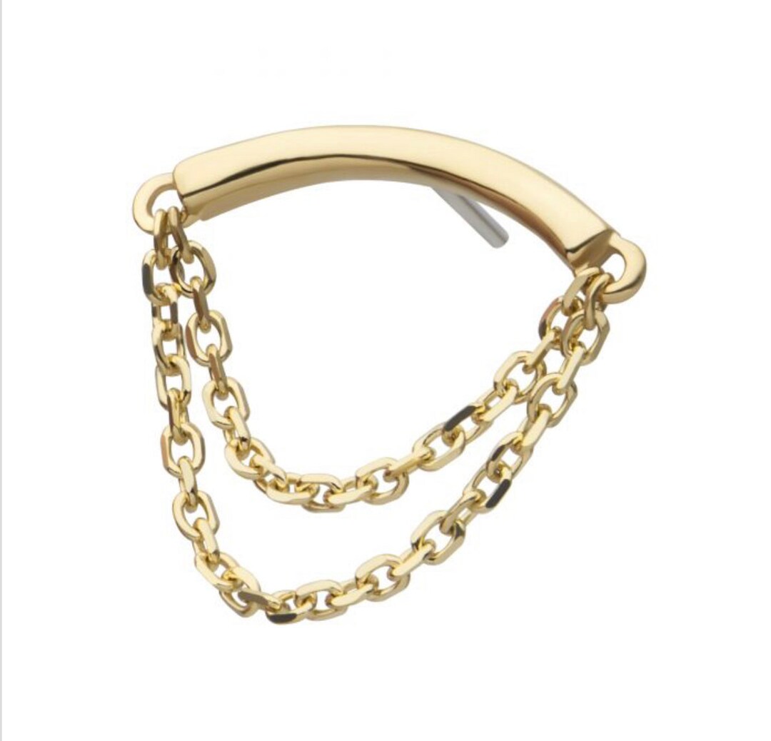 14kt Yellow Gold Threadless Curve Bar Top With 2 Tier Dangle Chain ...