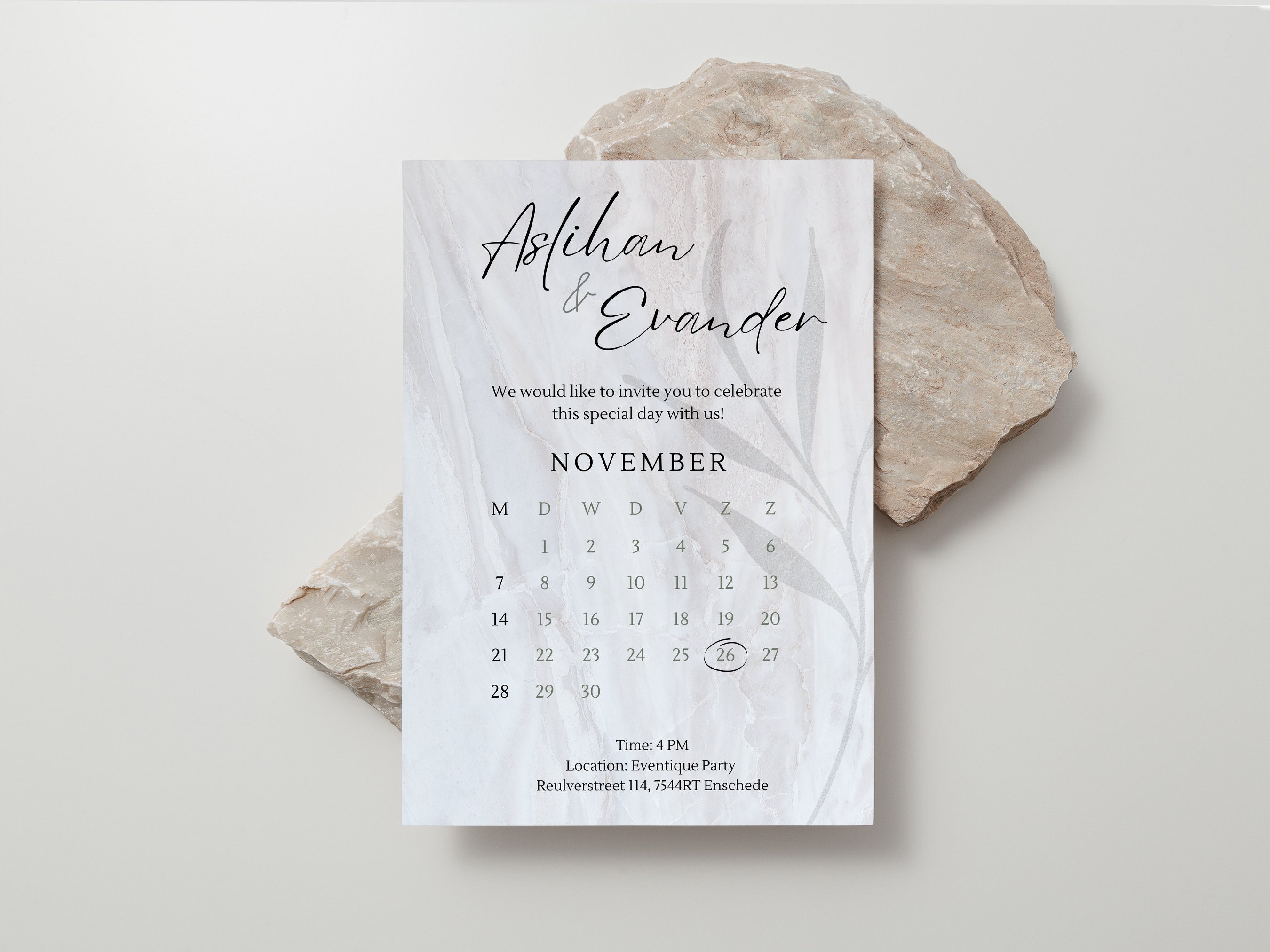 Marble Calendar Wedding Invitation Template, Minimalist Simple 5x7 One ...