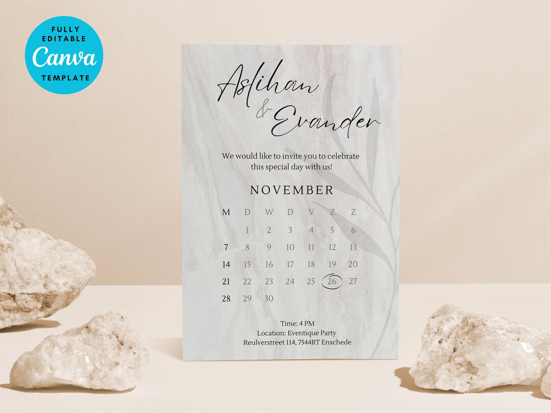 Marble Calendar Wedding Invitation Template, Minimalist Simple 5x7 One ...